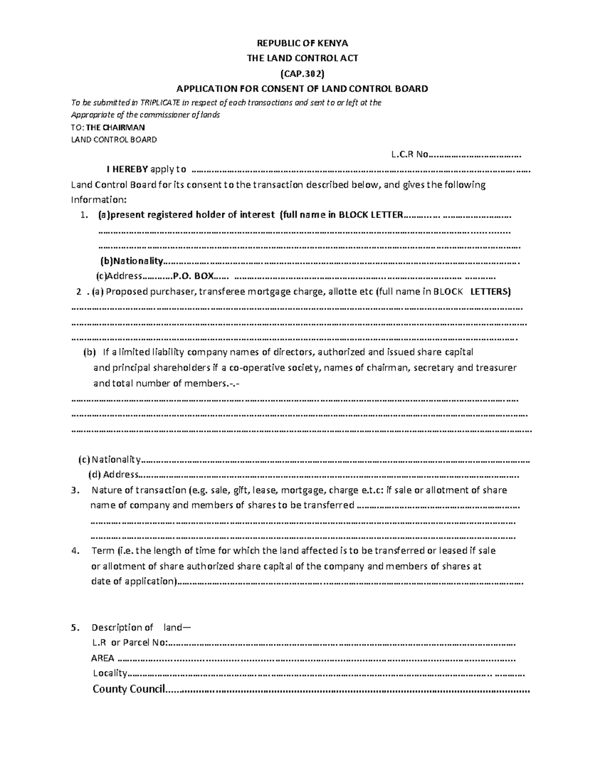Land control board - application - REPUBLIC OF KENYA THE LAND CONTROL ...