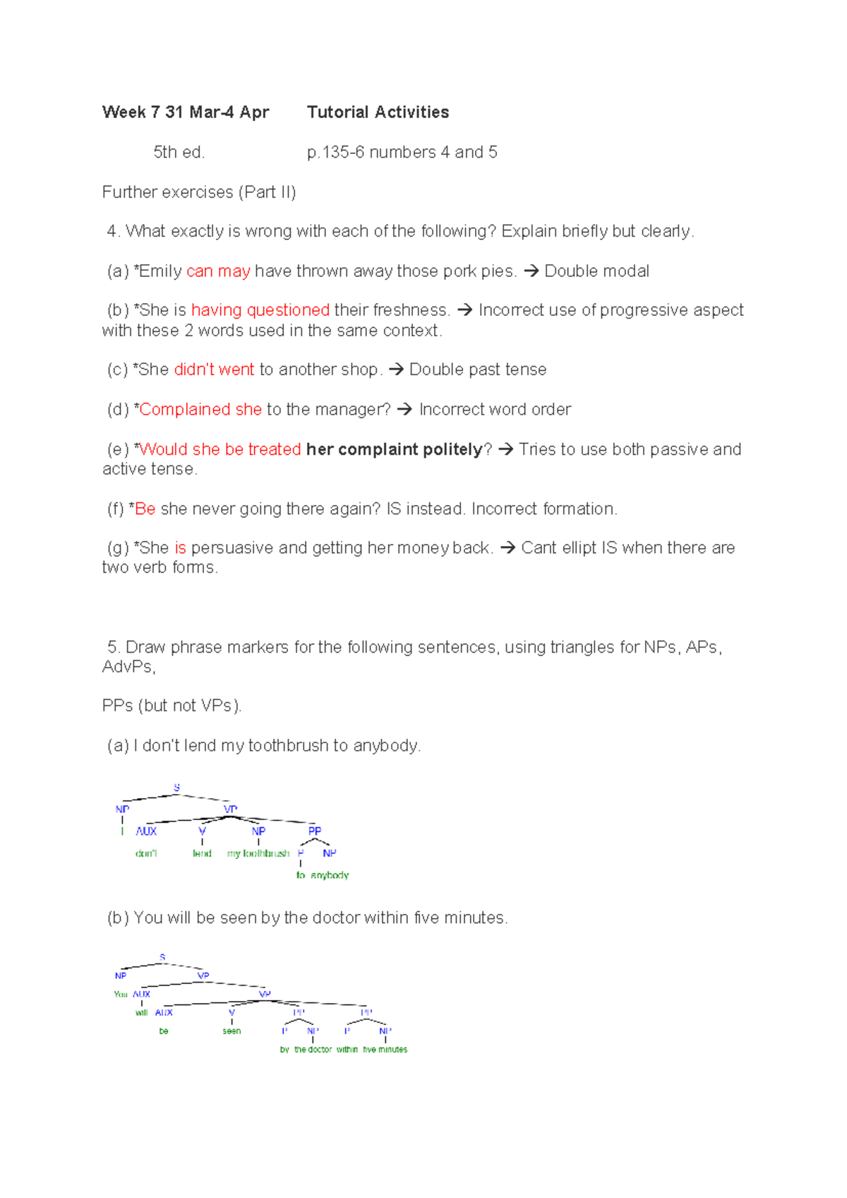 Week 7 ARTS2696 tutorial activities and phrase marker exercises - Studocu