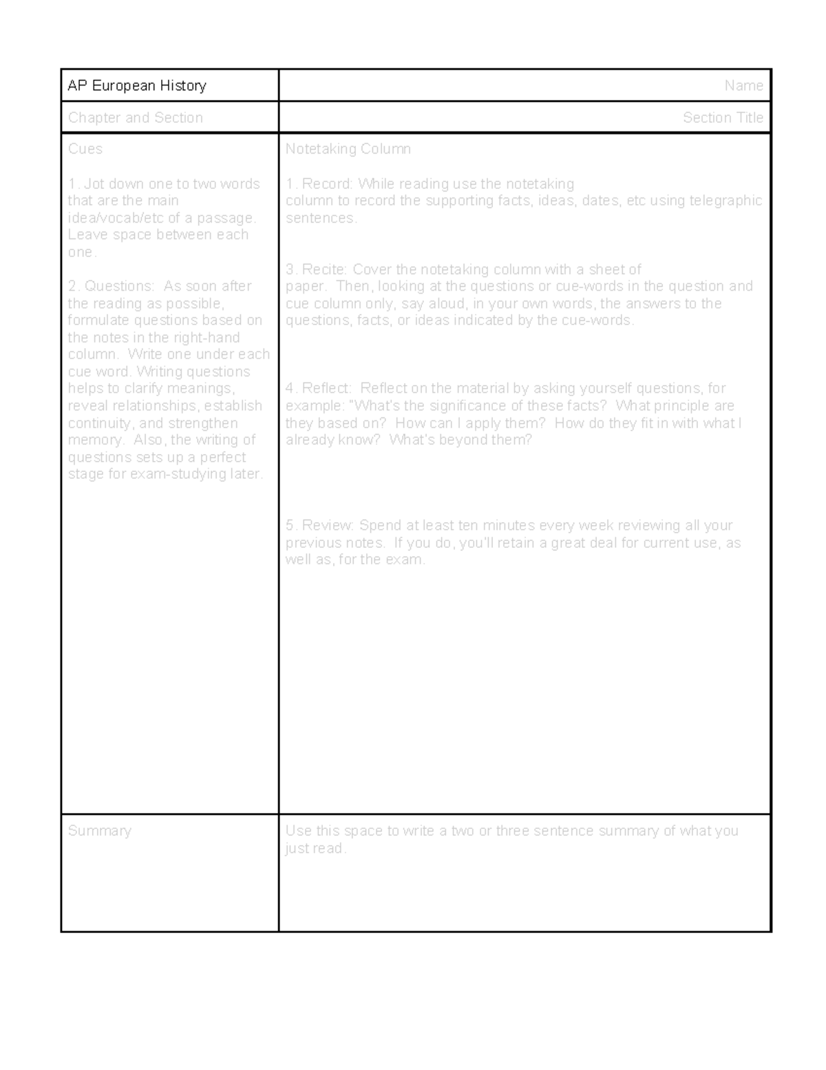 AP European History: Cornell Notes Template for Chapter & Section - Studocu