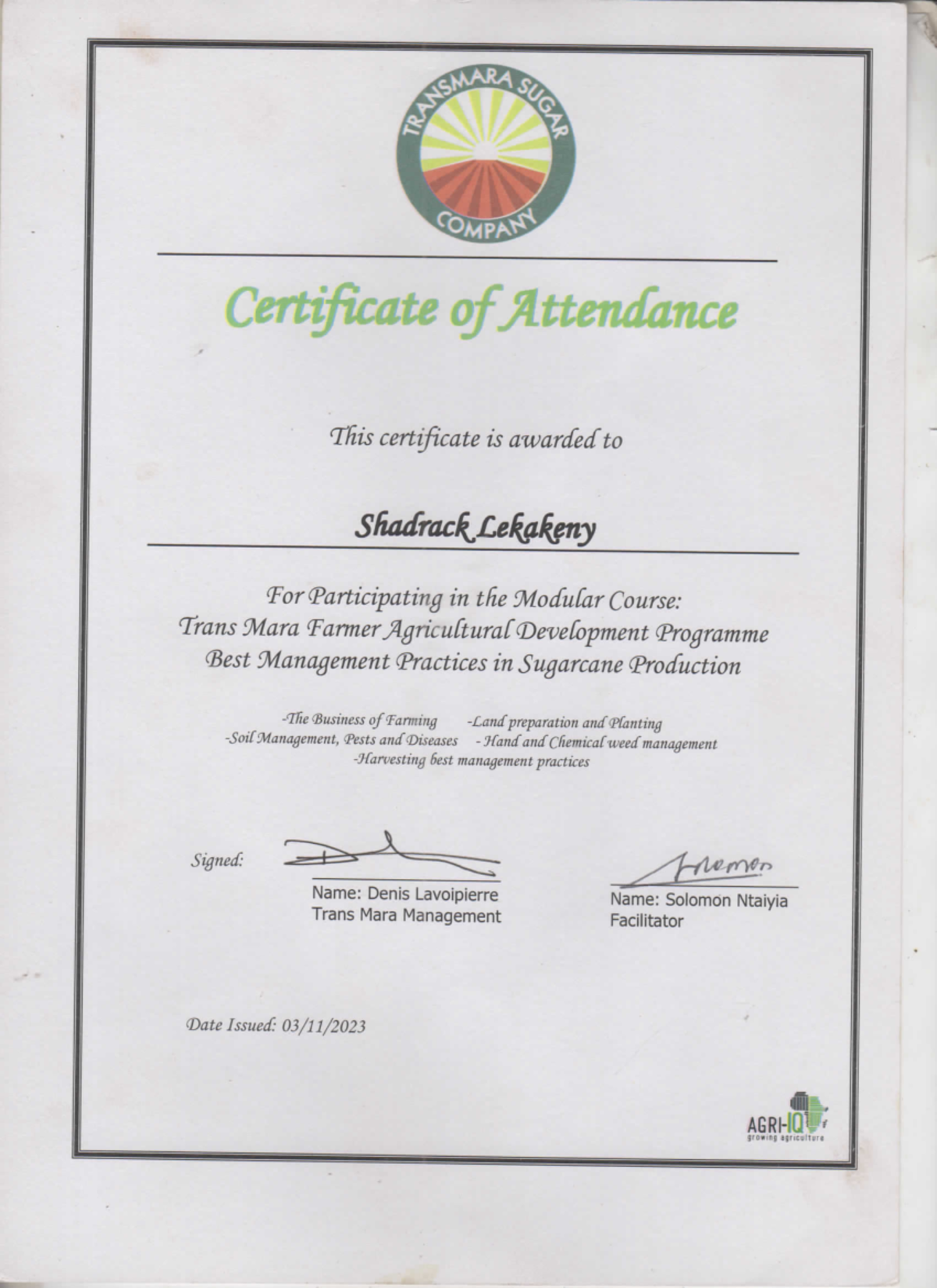 Certificate of Attendance: Trans Mara Farmer Agri Development Program ...