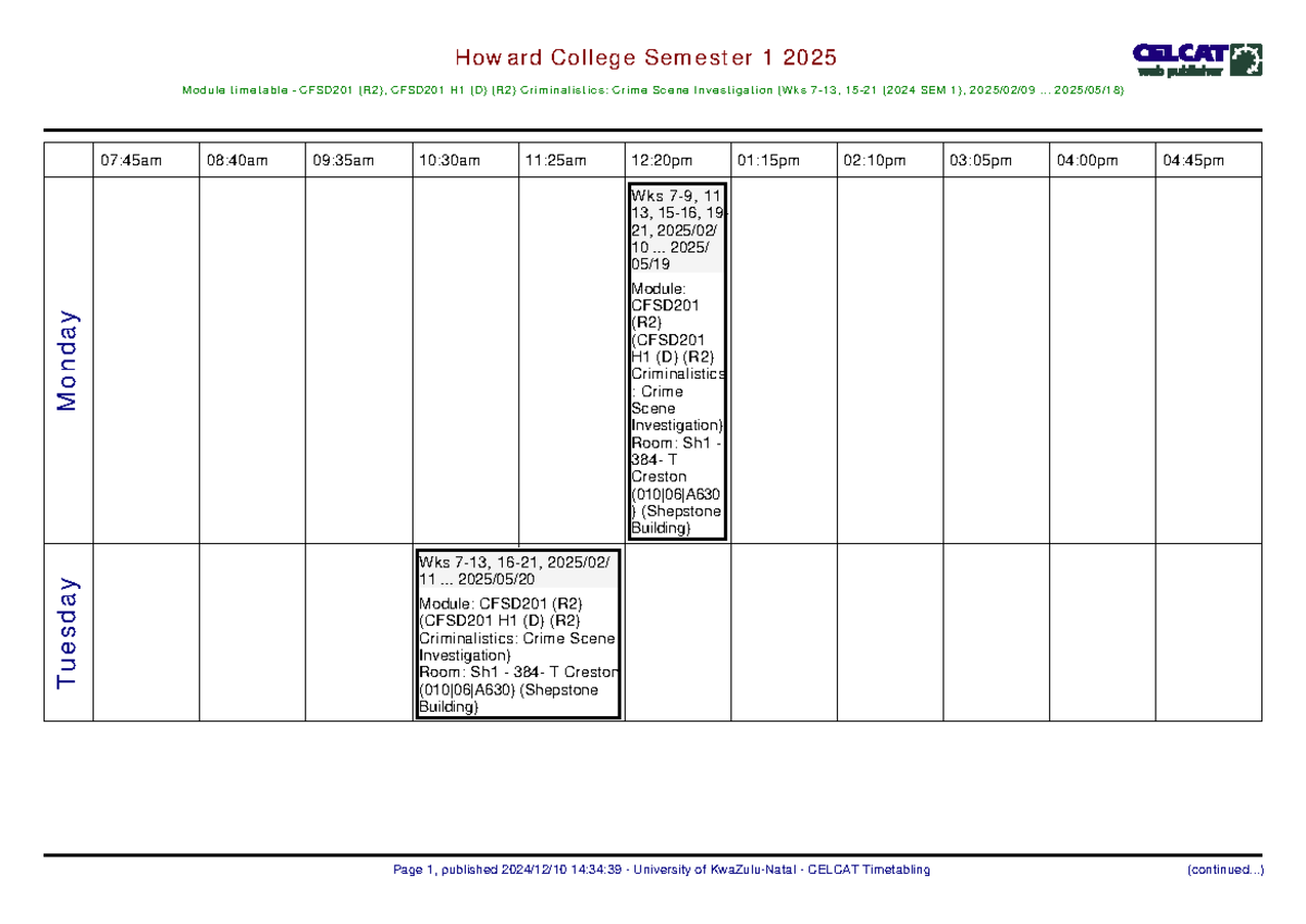 CFSD 201 Criminalistics Timetable for Semester 1, 2025 - Studocu