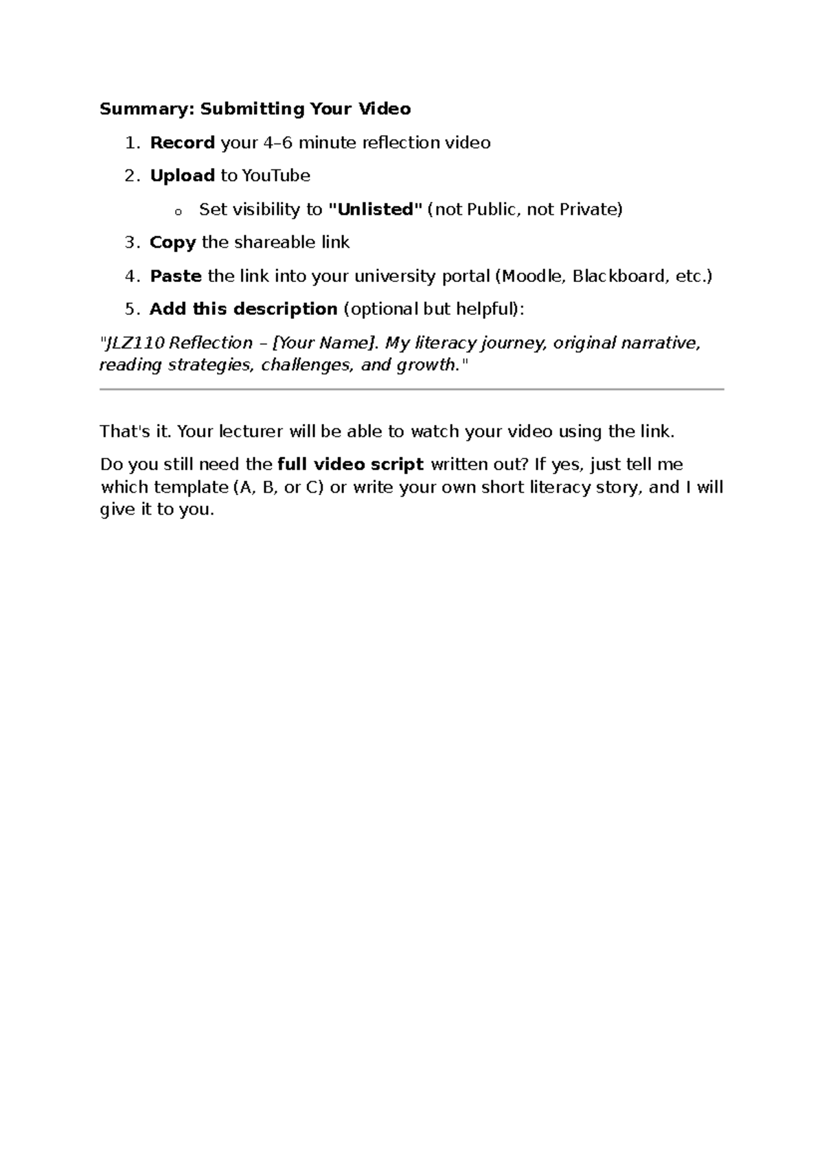 Video Submission Guidelines: Reflection on Literacy Journey - Studocu