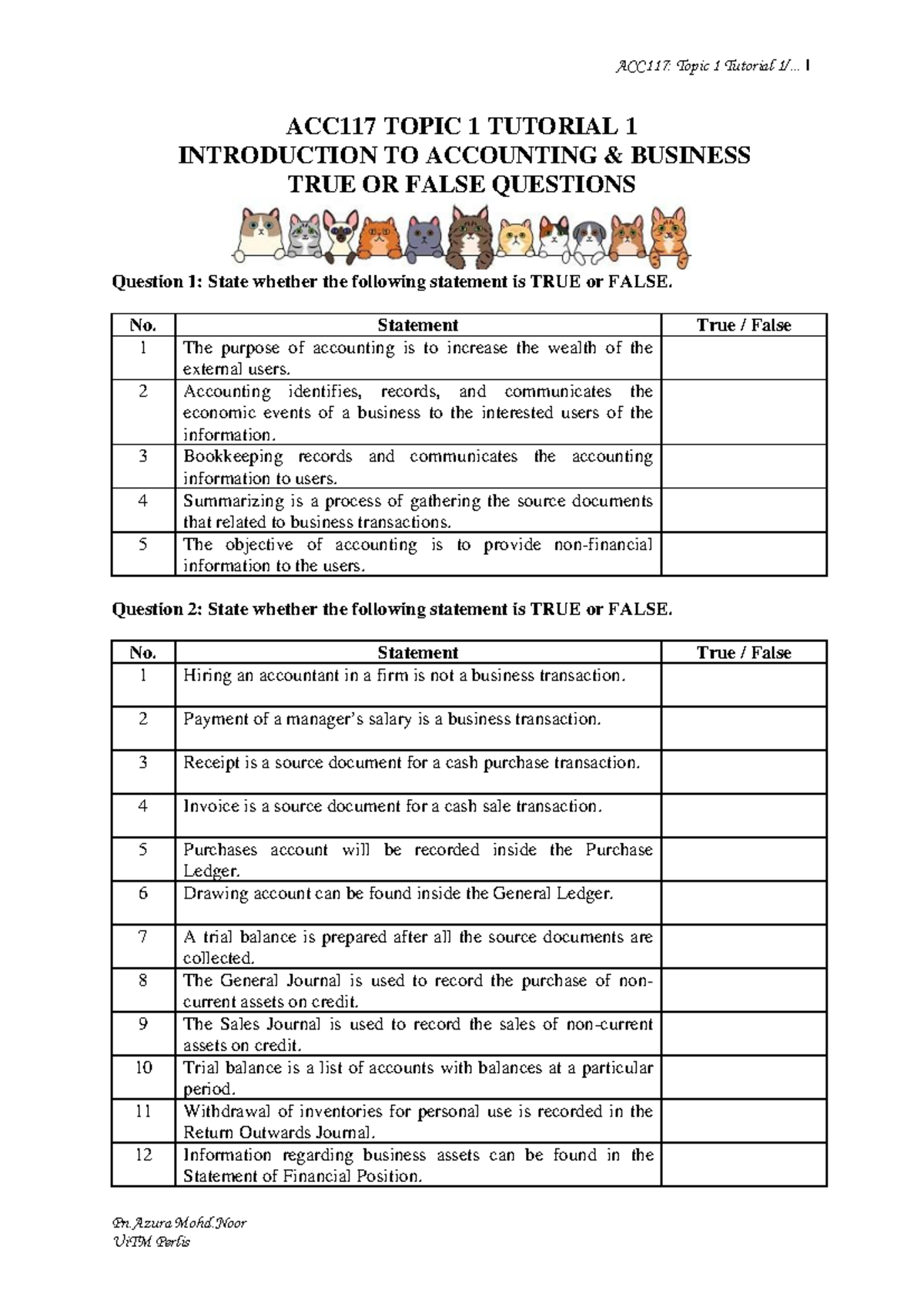 ACC117: Topic 1 Tutorial 1 True or False Questions on Accounting - Studocu