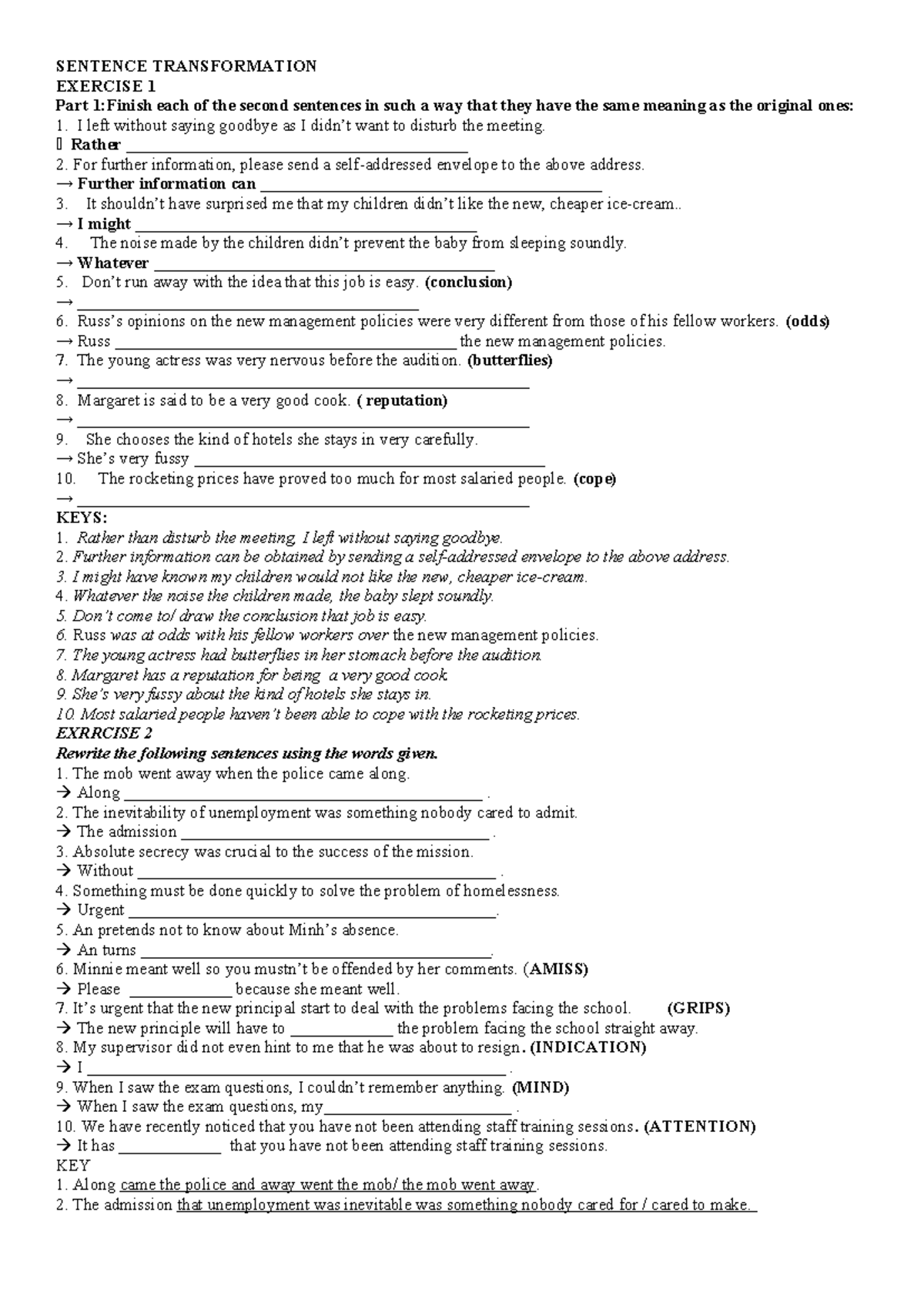 Sentence Transformation Exercises 18.1 - 24 - Studocu