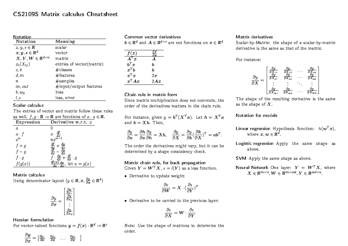CS2109S Matrix Calculus Cheatsheet for Optimizing Models - Studocu