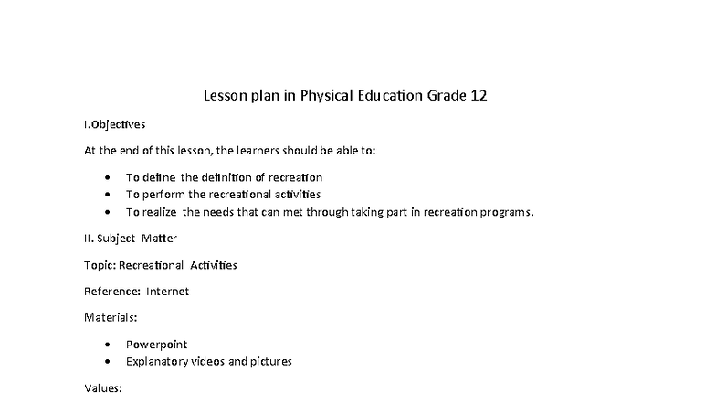Pe 12 - Lesson Plan on Recreational Activities for Grade 12 - Studocu