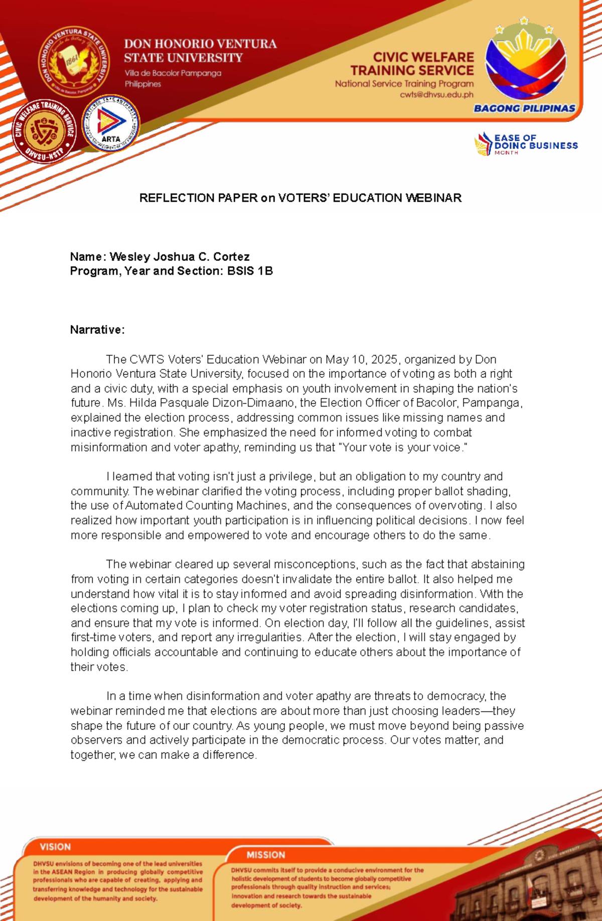 REFLECTION PAPER on CWTS EDUCATION WEBINAR - BSIS 1B - Studocu