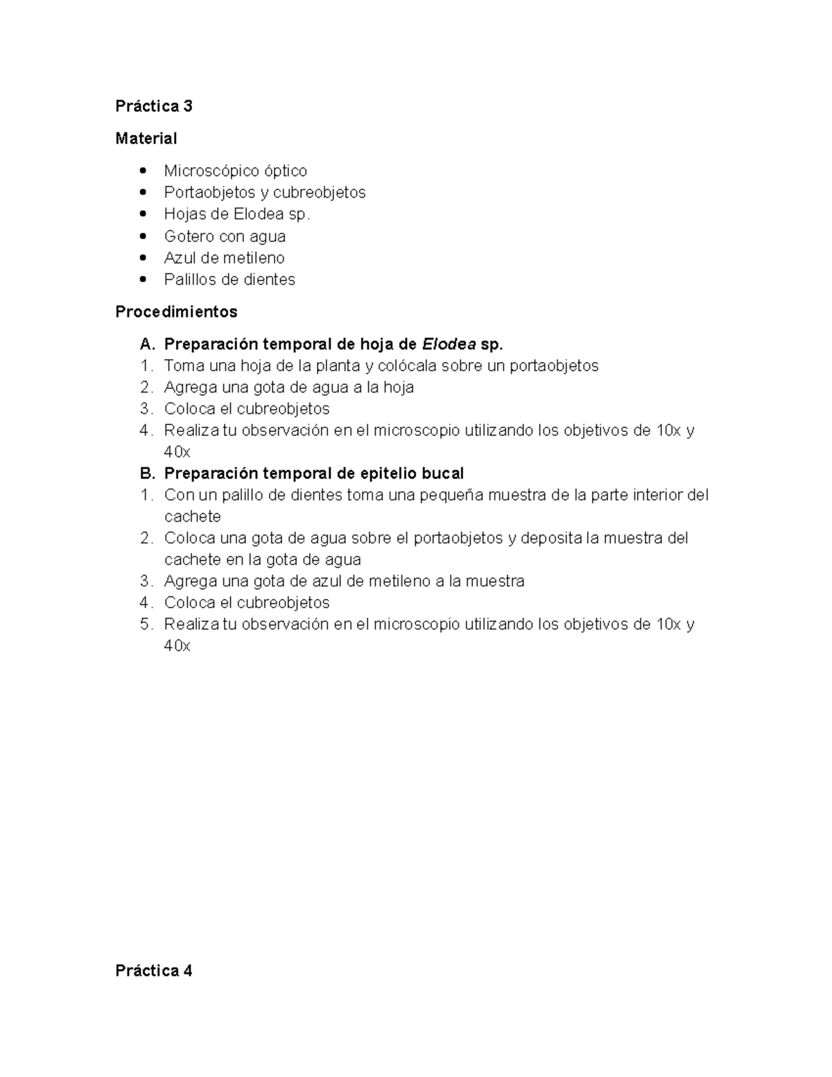 Práctica 3 y 4: Observaciones Microscópicas de Elodea y Células Epiteliales - Studocu