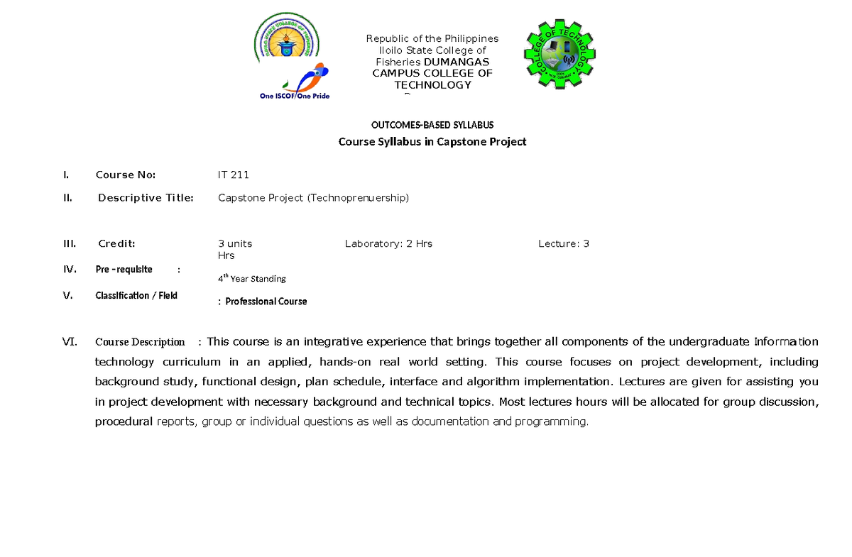 Syllabus for Capstone Project (IT 211) at Iloilo State College - Studocu