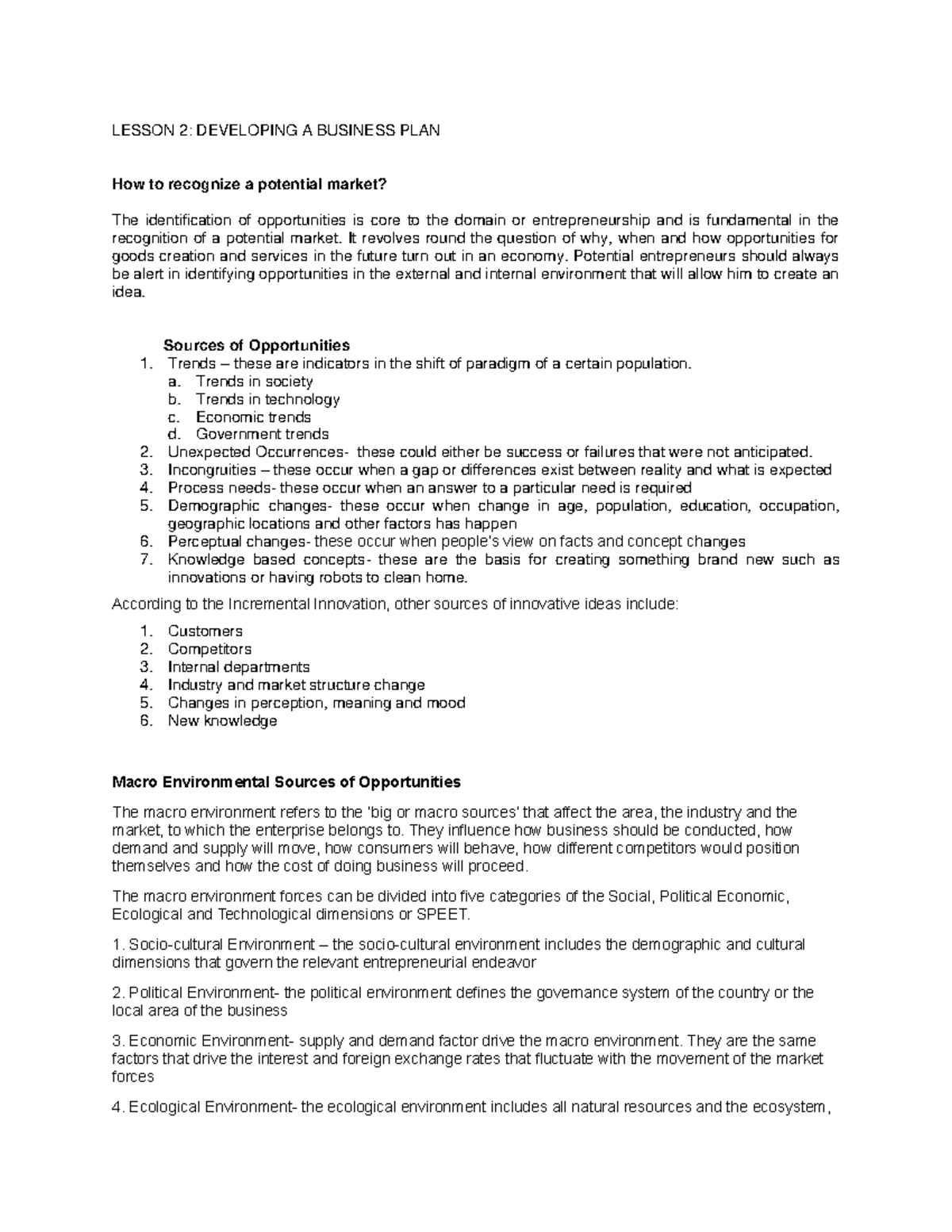 Lesson 2 Developing a Business Plan Entrep handout - LESSON 2 ...