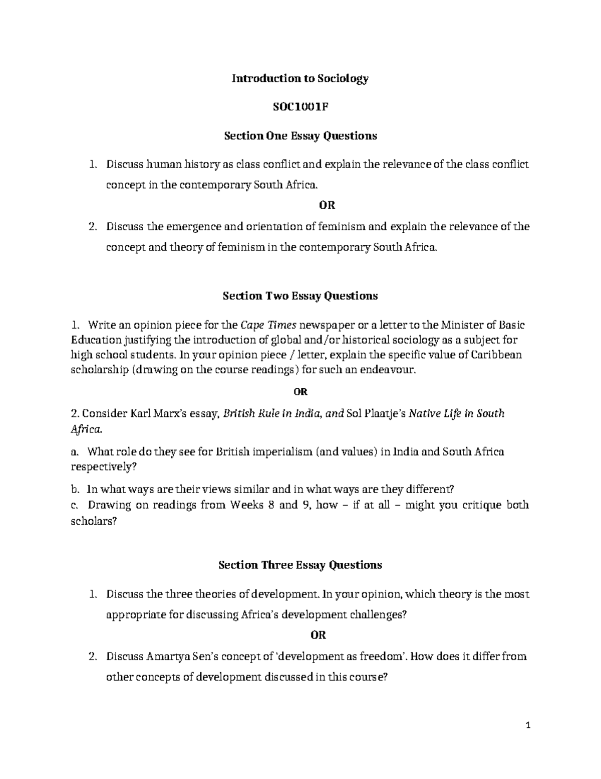 SOC1001F Essay Questions: Class Conflict, Feminism & Development ...