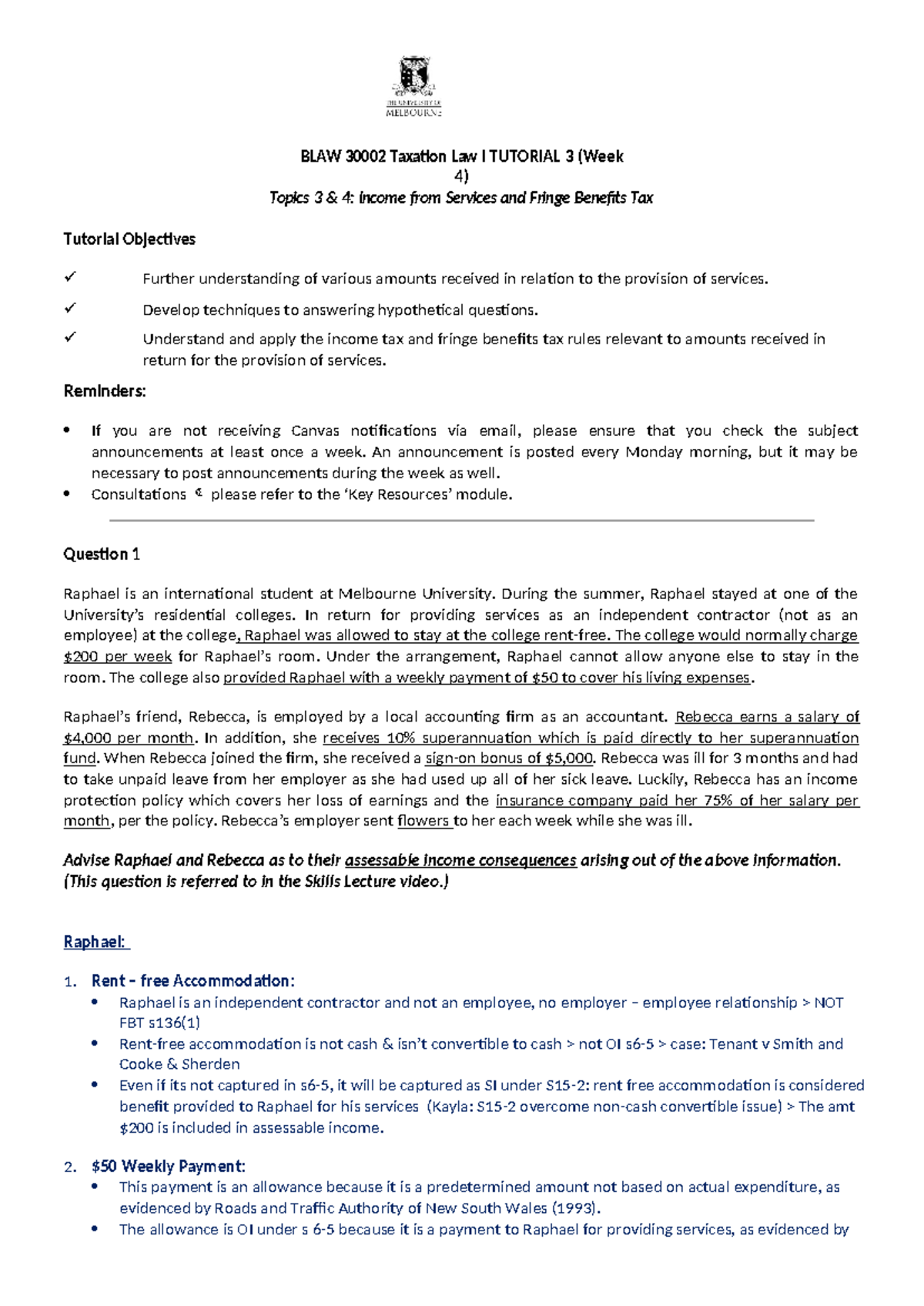 BLAW Taxation Law I TUTORIAL 3: Income from Services & FBT Analysis - Studocu