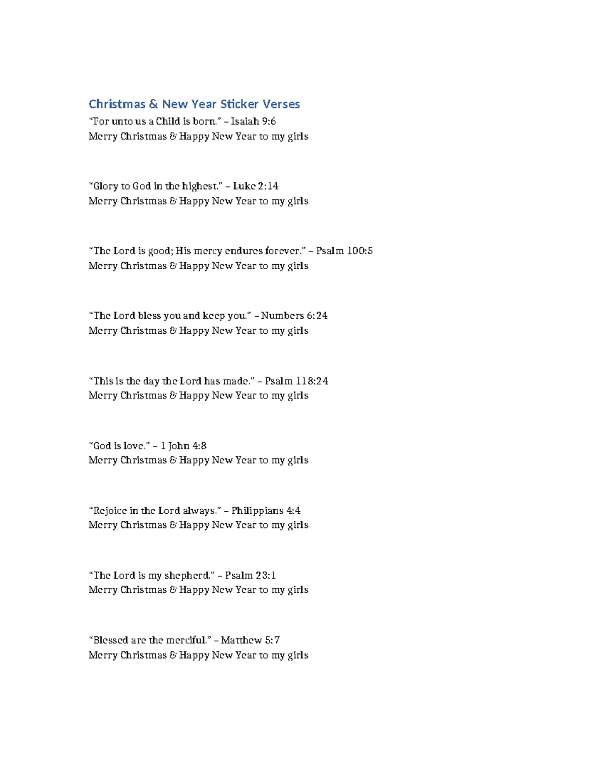 Christmas & New Year Bible Sticker Verses for My Girls - Studocu