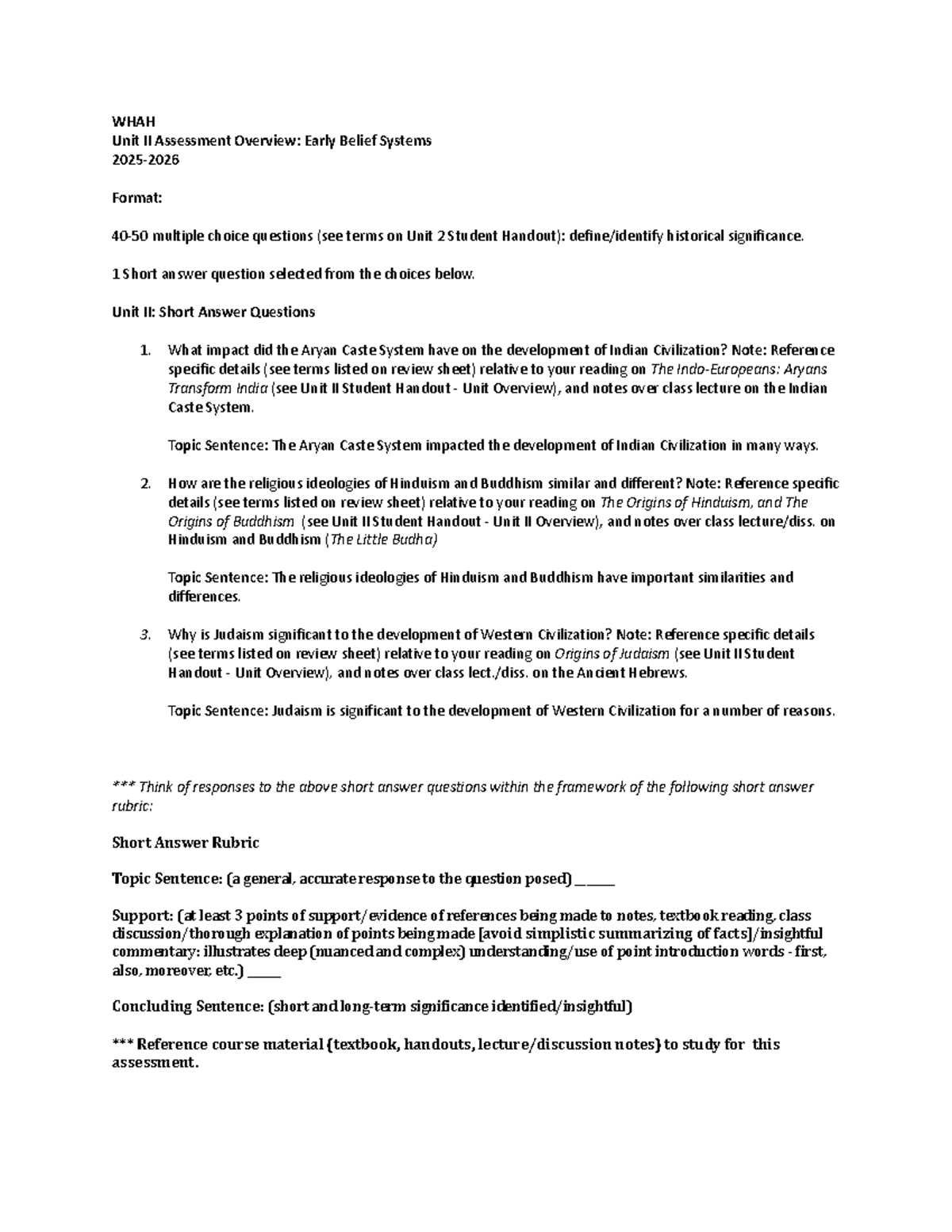 Unit II Assessment Overview: Early Belief Systems (WHAH 2025-2026 ...