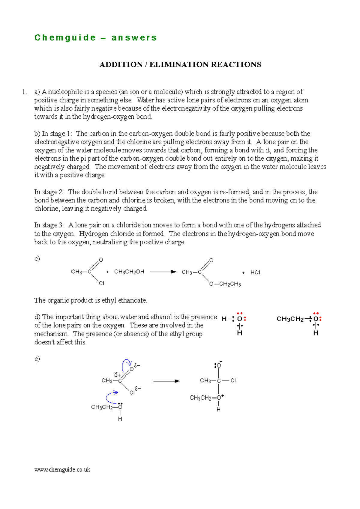 Chemguide Answers: Addition & Elimination Reactions (A-ADD-ELIM) - Studocu