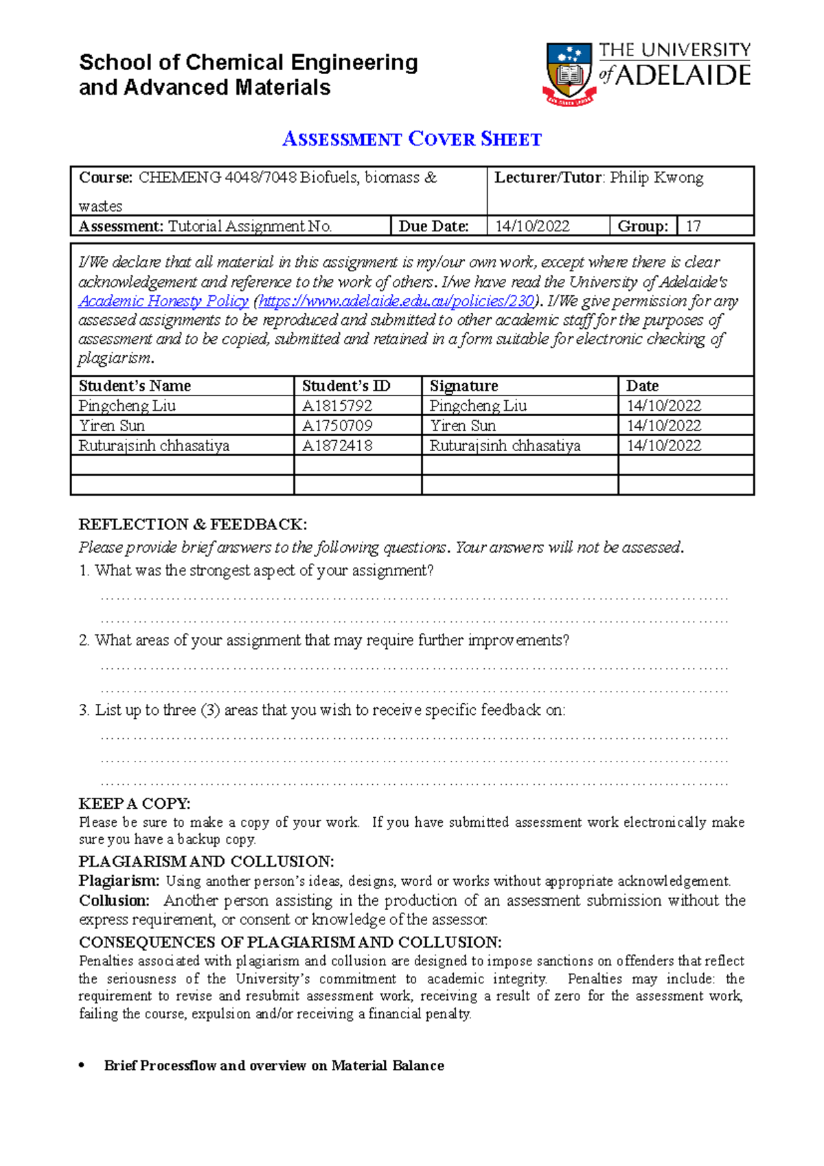 CHEMENG 4048/7048 Tutorial Assignment: Biofuels & Materials Analysis ...