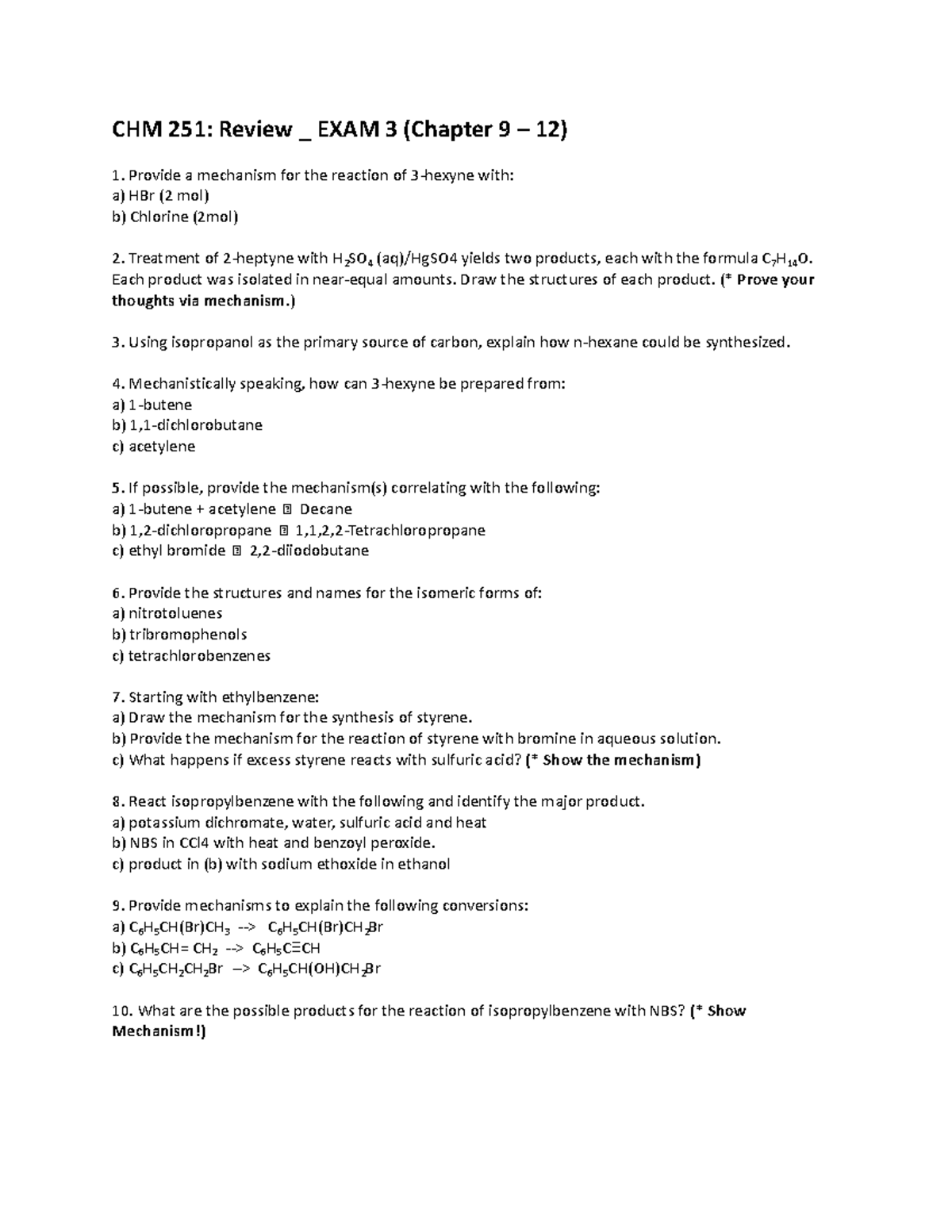 CHM 251: Exam 3 Review (Spring 2025) - Mechanisms & Reactions - Studocu