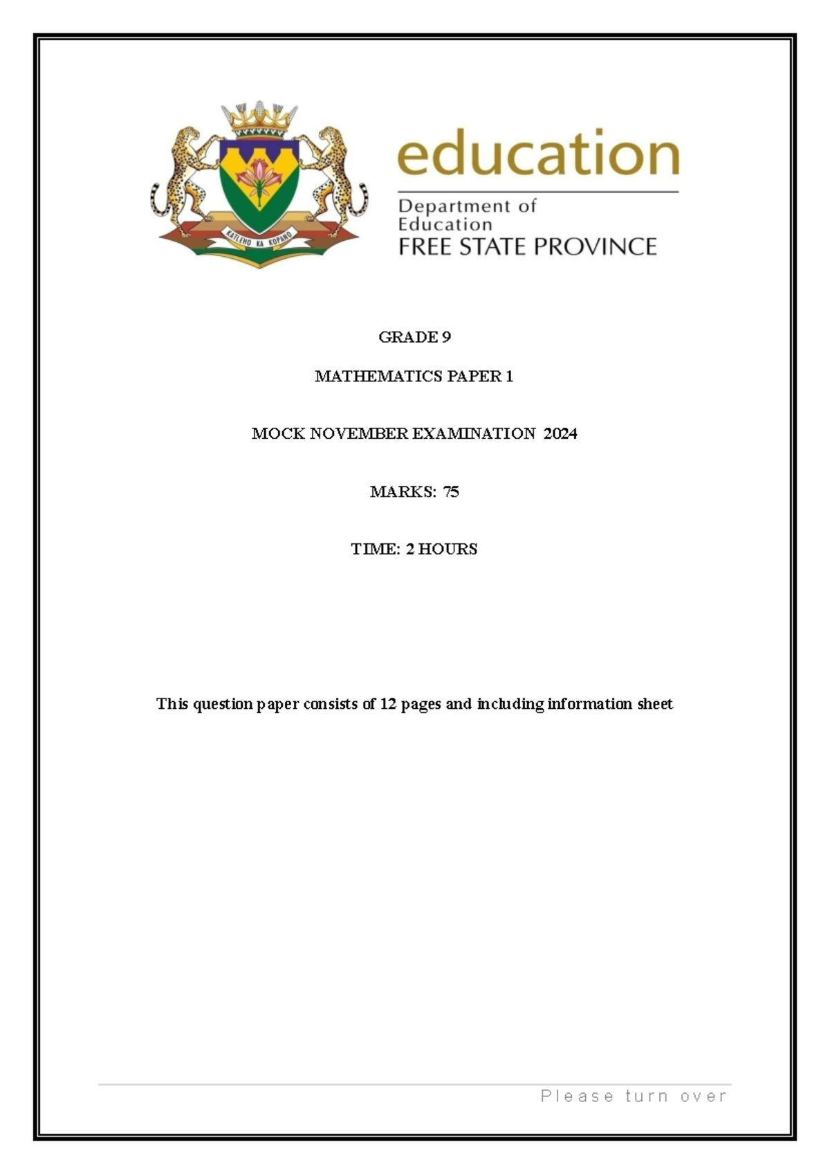 2024 Grade 9 Maths Mock Exam Paper 1 - November Edition - Studocu