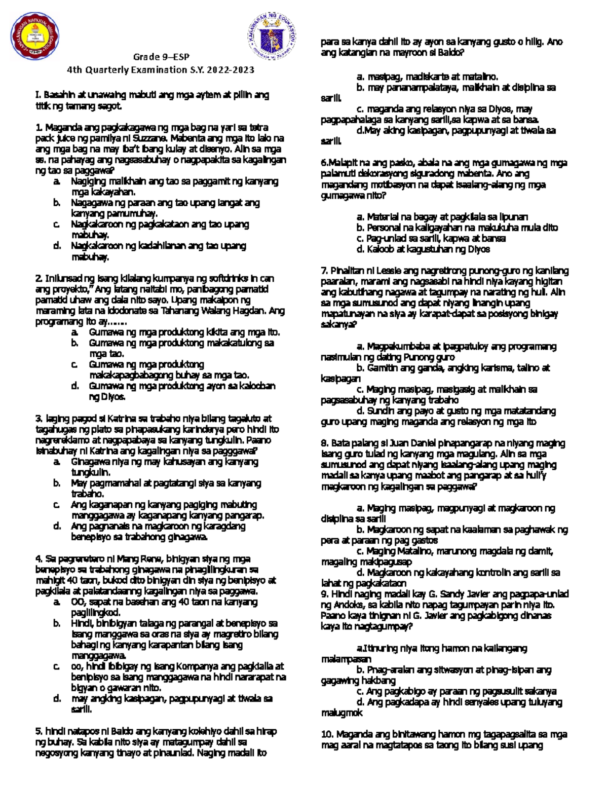 ESP Grade 9 4th Quarter Exam Review Materials for S.Y. 2022-2023 - Studocu