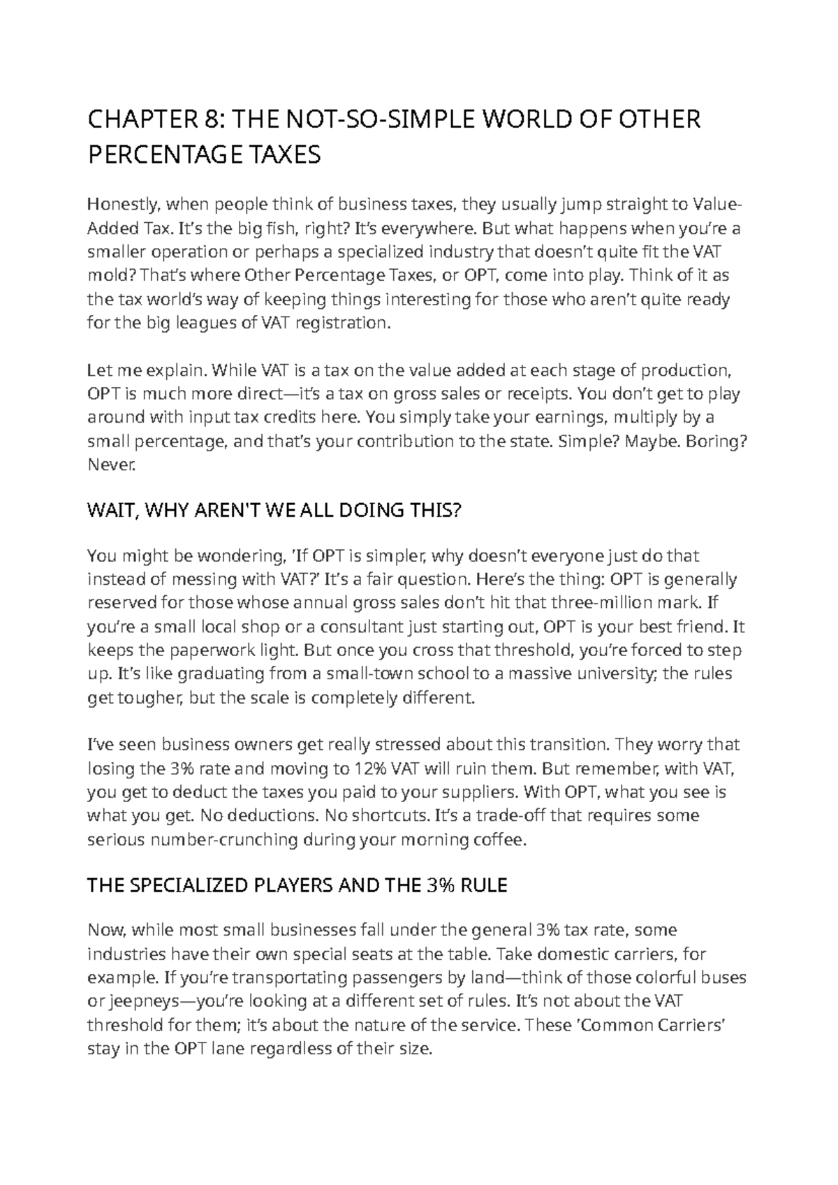 CHAPTER 8: UNDERSTANDING OTHER PERCENTAGE TAXES (OPT) - Studocu