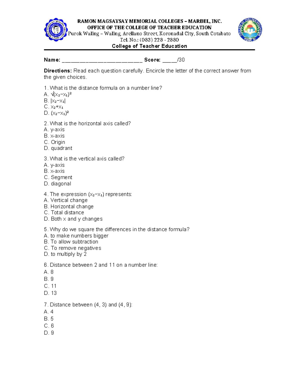 Pre-Test 1: Distance Formula & Coordinate Geometry Quiz - Studocu