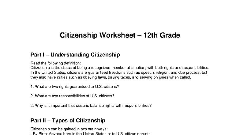 Citizenship Worksheet 12th Grade: Understanding Rights ...