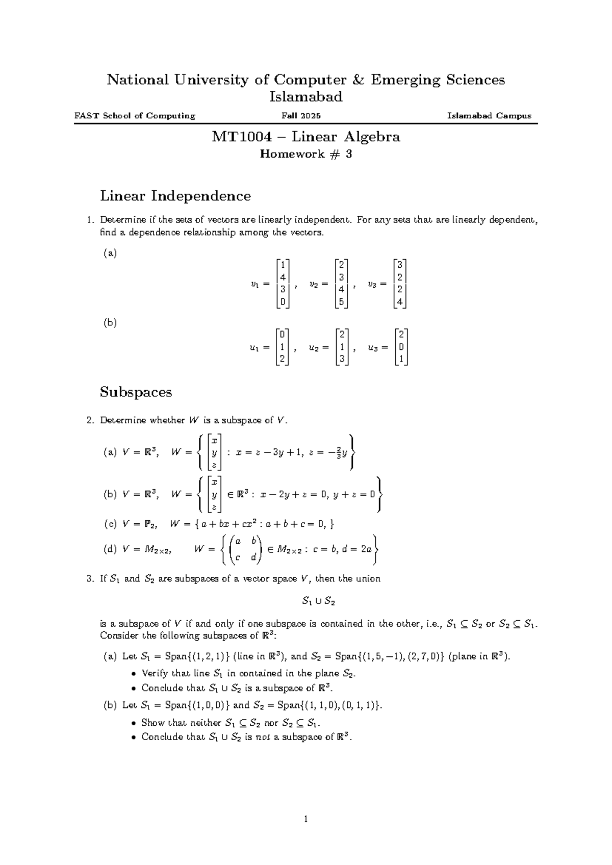 MT1004 Linear Algebra Homework 3: Linear Independence & Subspaces - Studocu