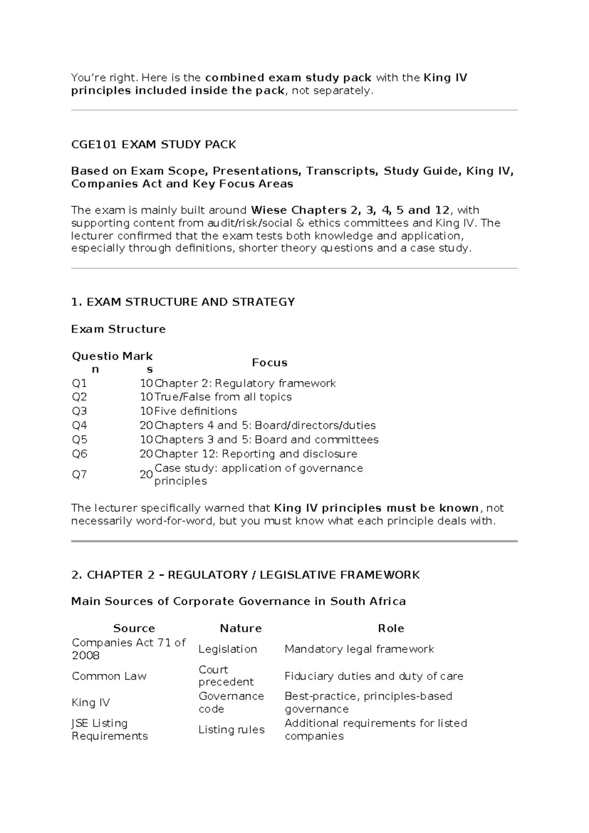 CGE101 EXAM STUDY PACK: King IV Principles & Governance Insights - Studocu