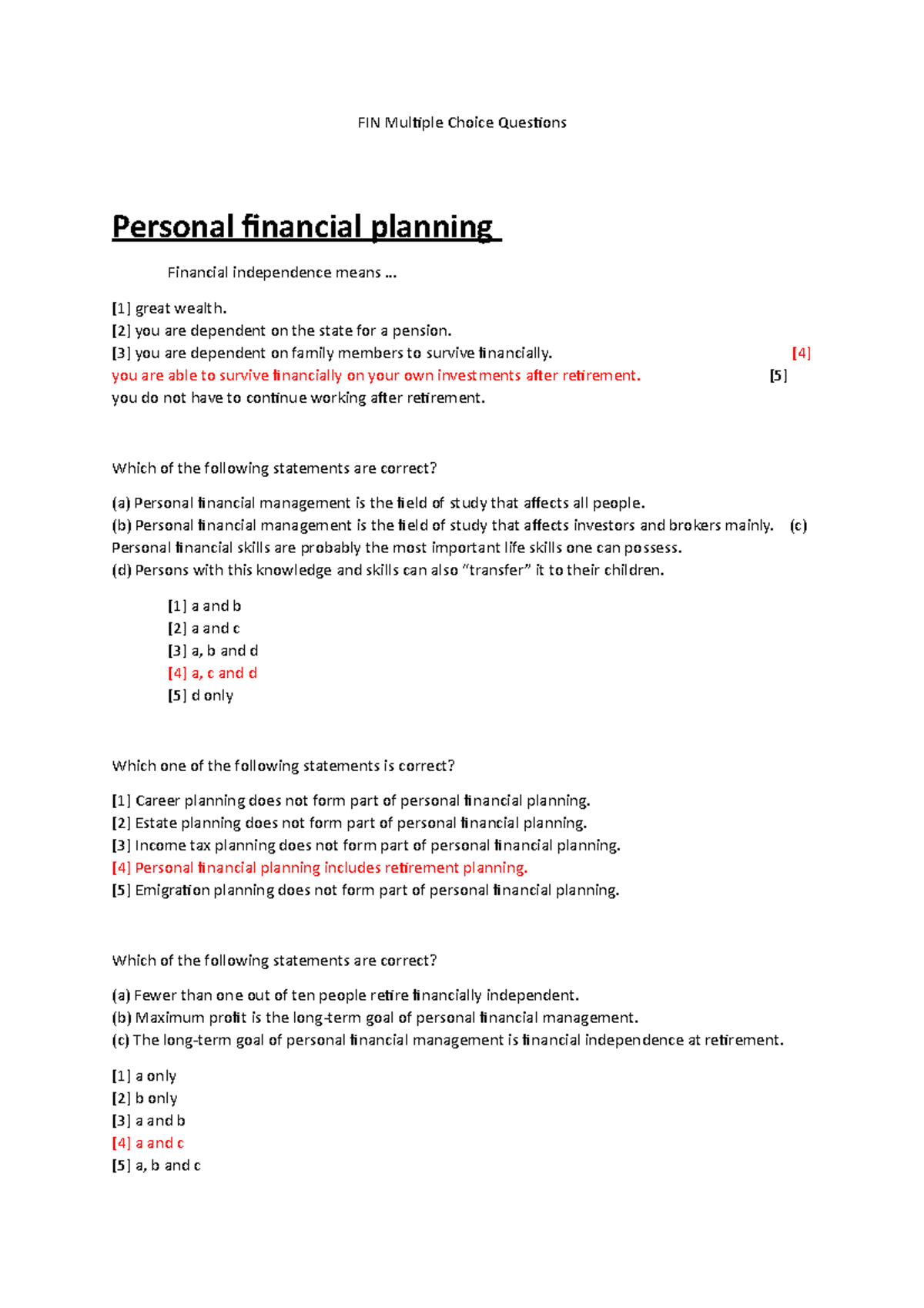 FIN Multiple Choice Questions on Personal Finance and Credit Planning ...