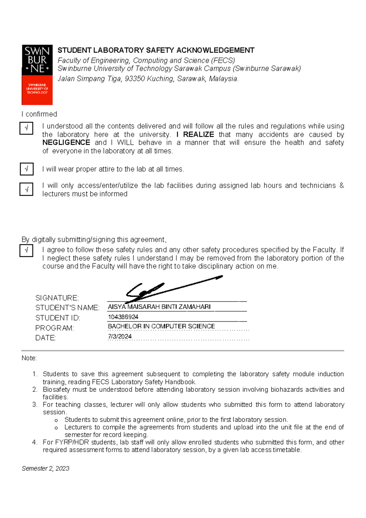 Lab Safety Agreement - STUDENT LABORATORY SAFETY ACKNOWLEDGEMENT ...