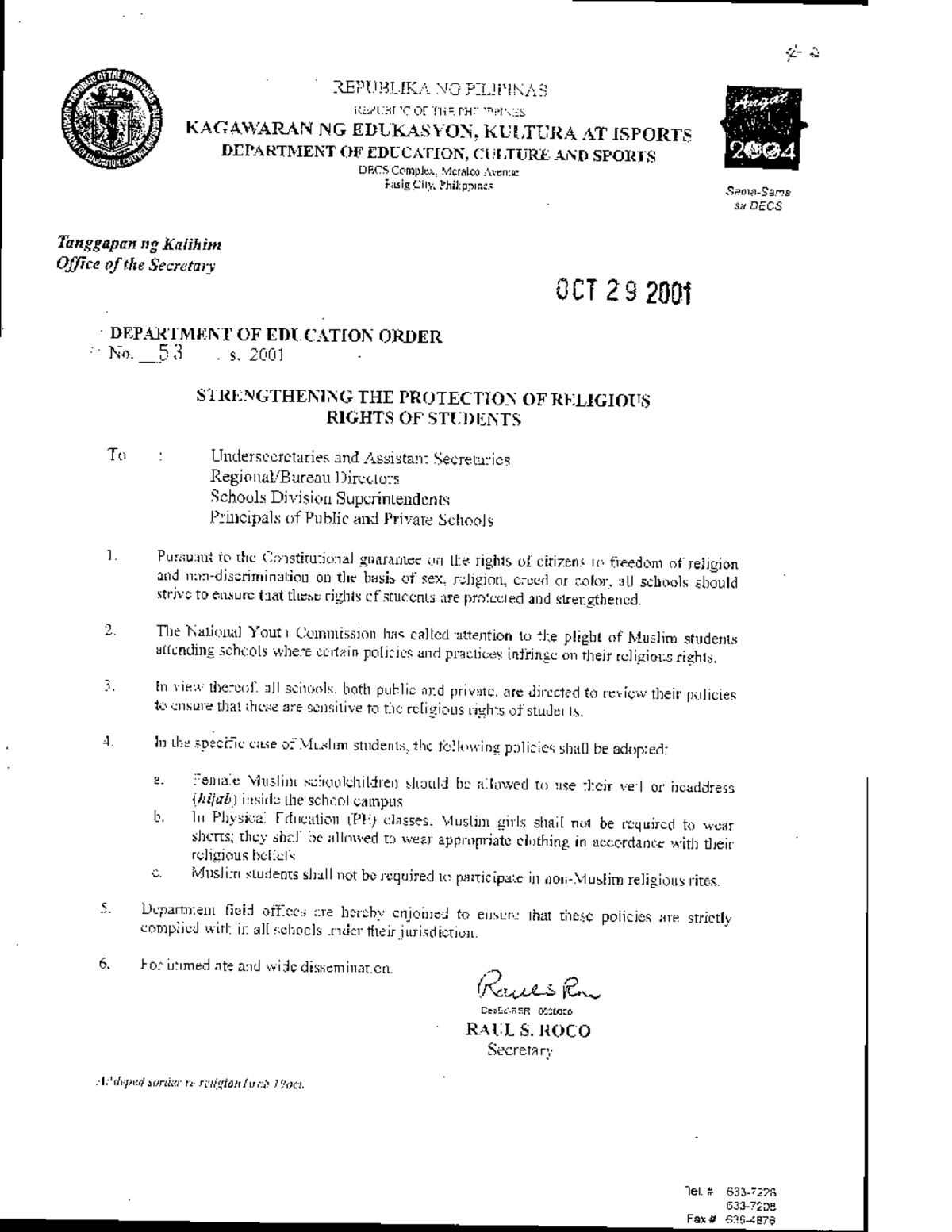 DO s2001 053 - Strengthening Religious Rights in Education - Studocu