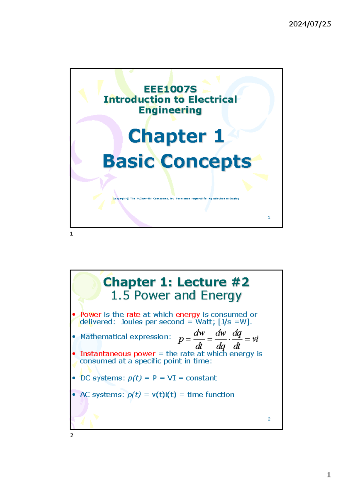 EEE1007S - Chapter 1: Power and Energy Lecture Notes - Studocu