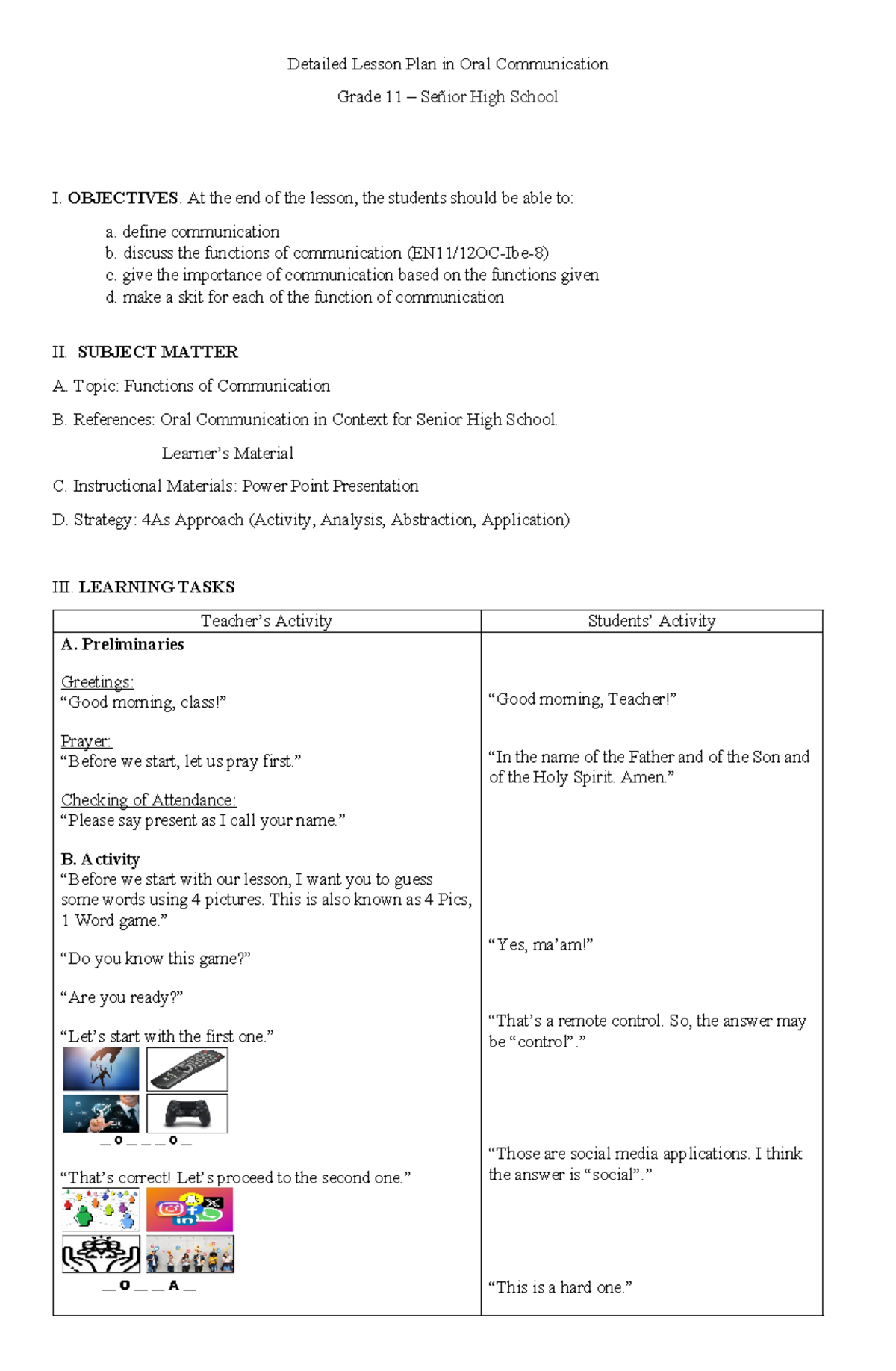 Grade 11 Oral Communication Detailed Lesson Plan on Functions - Studocu