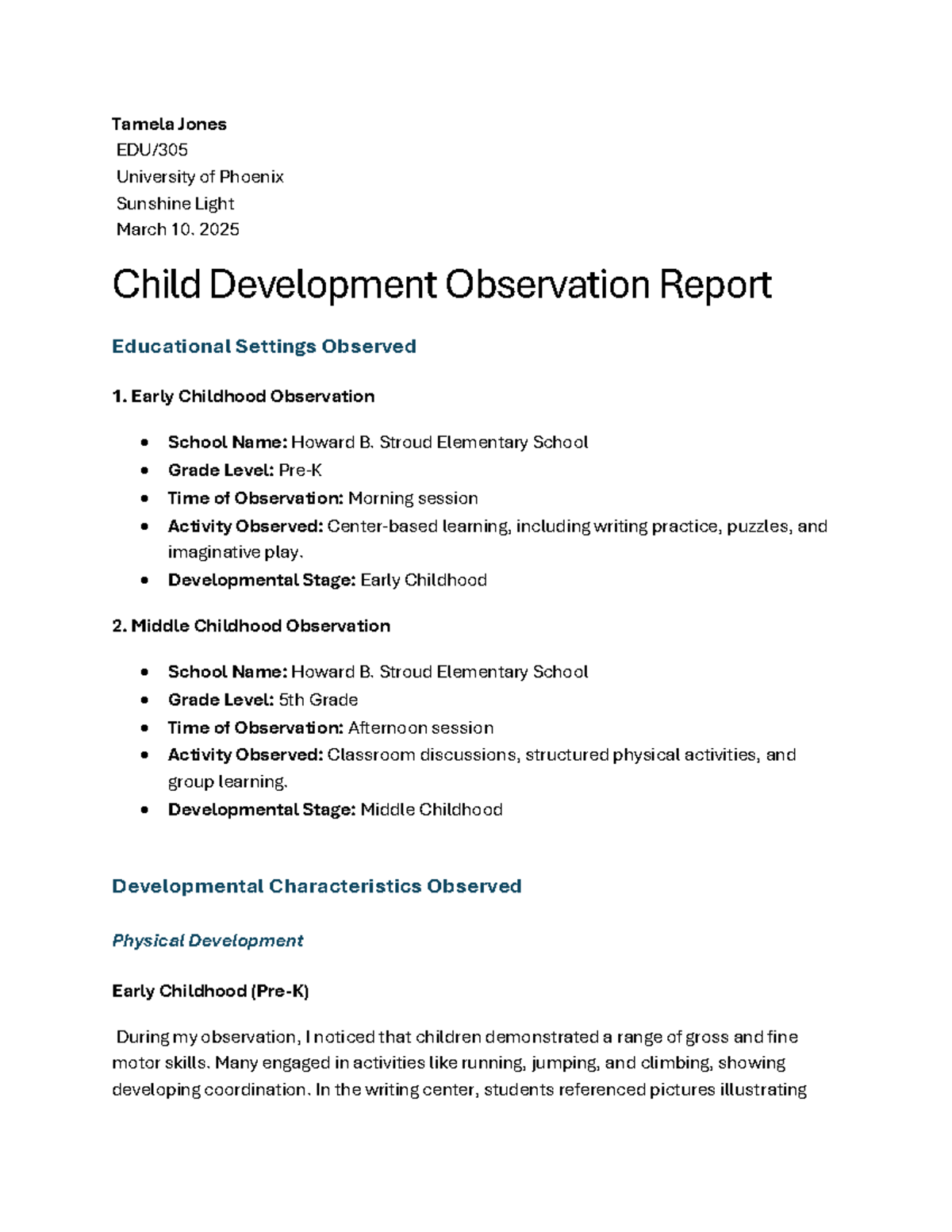 W4 Child Development Report - Tamela Jones EDU/ University of Phoenix ...