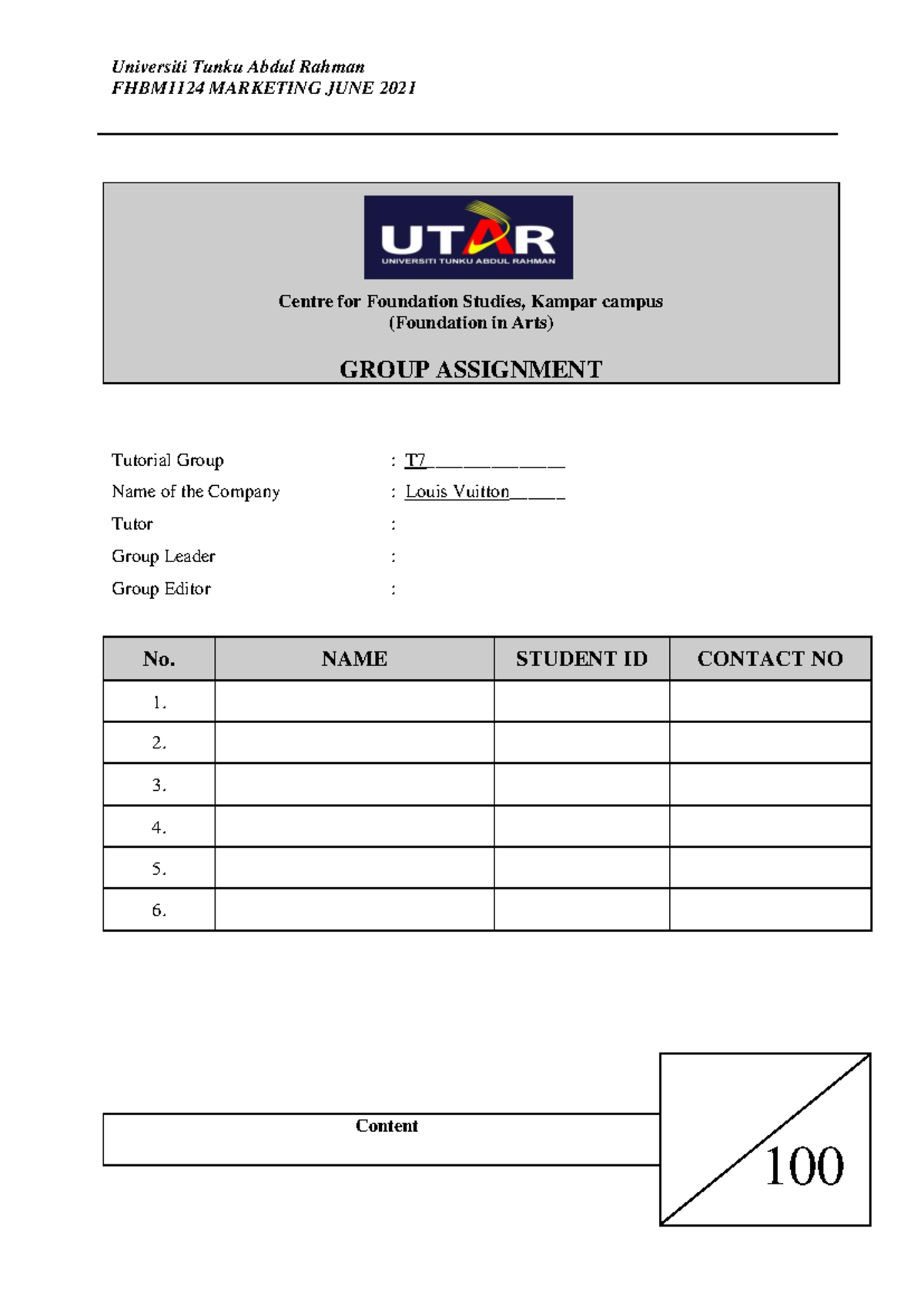 Marketing assignment - FHBM1124 MARKETING JUNE 2021 Tutorial Group : T7 ...