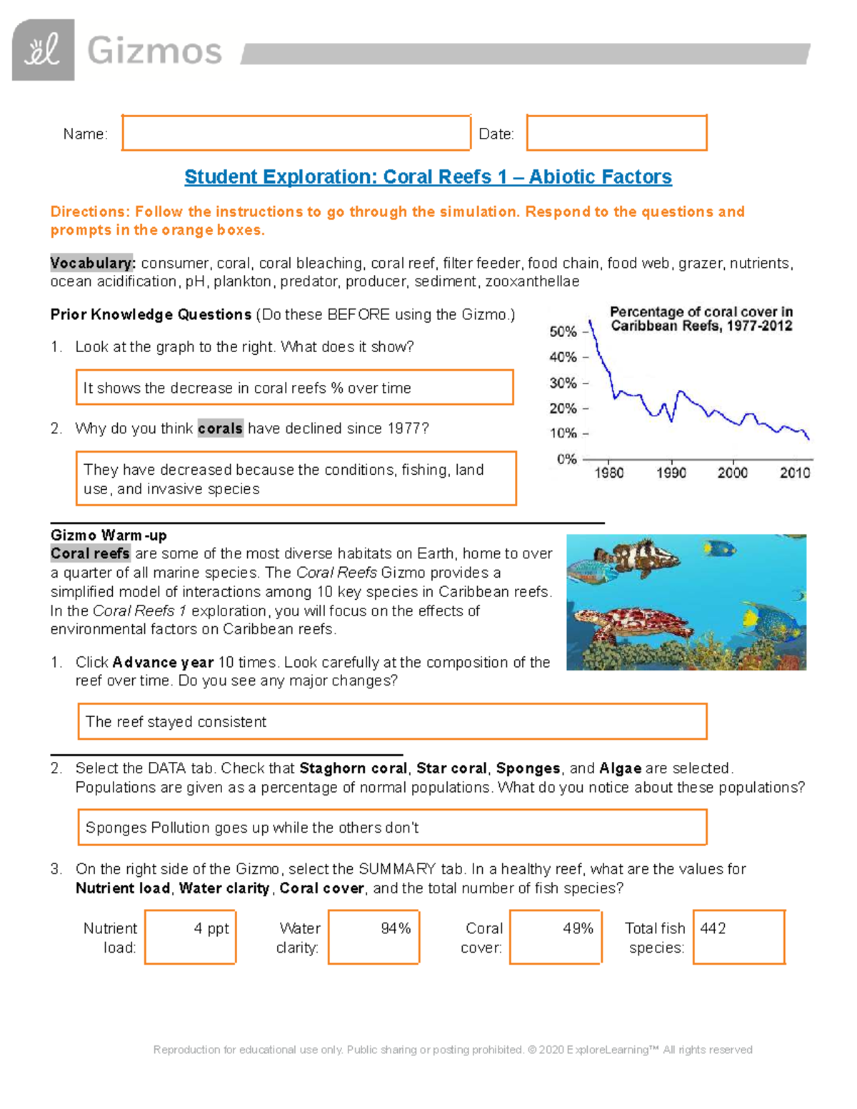 Gizmo Coral Reef 1 Exploration: Abiotic Factors & Species Interactions ...