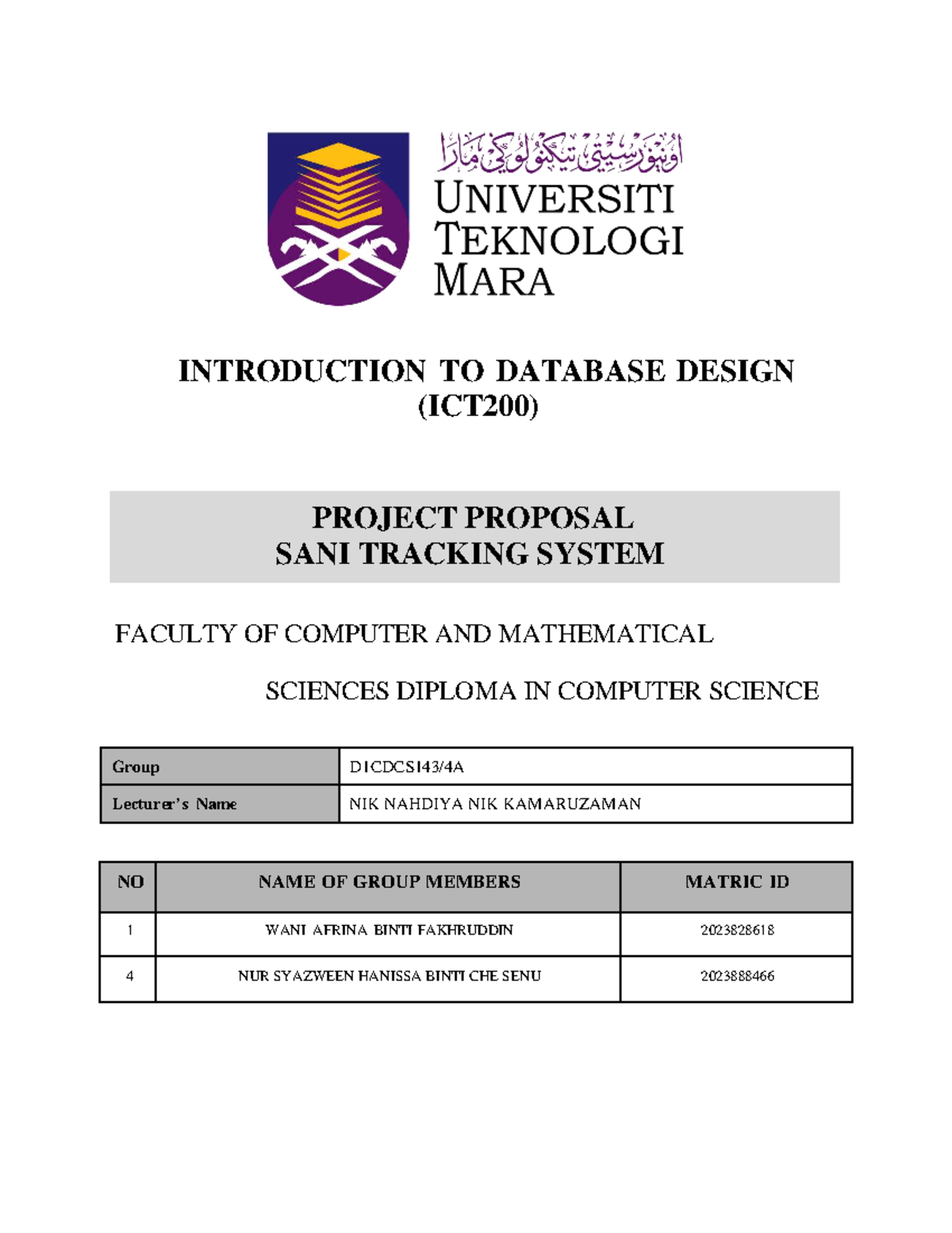 SANI Tracking System Proposal (ICT200) for Database Design Project ...
