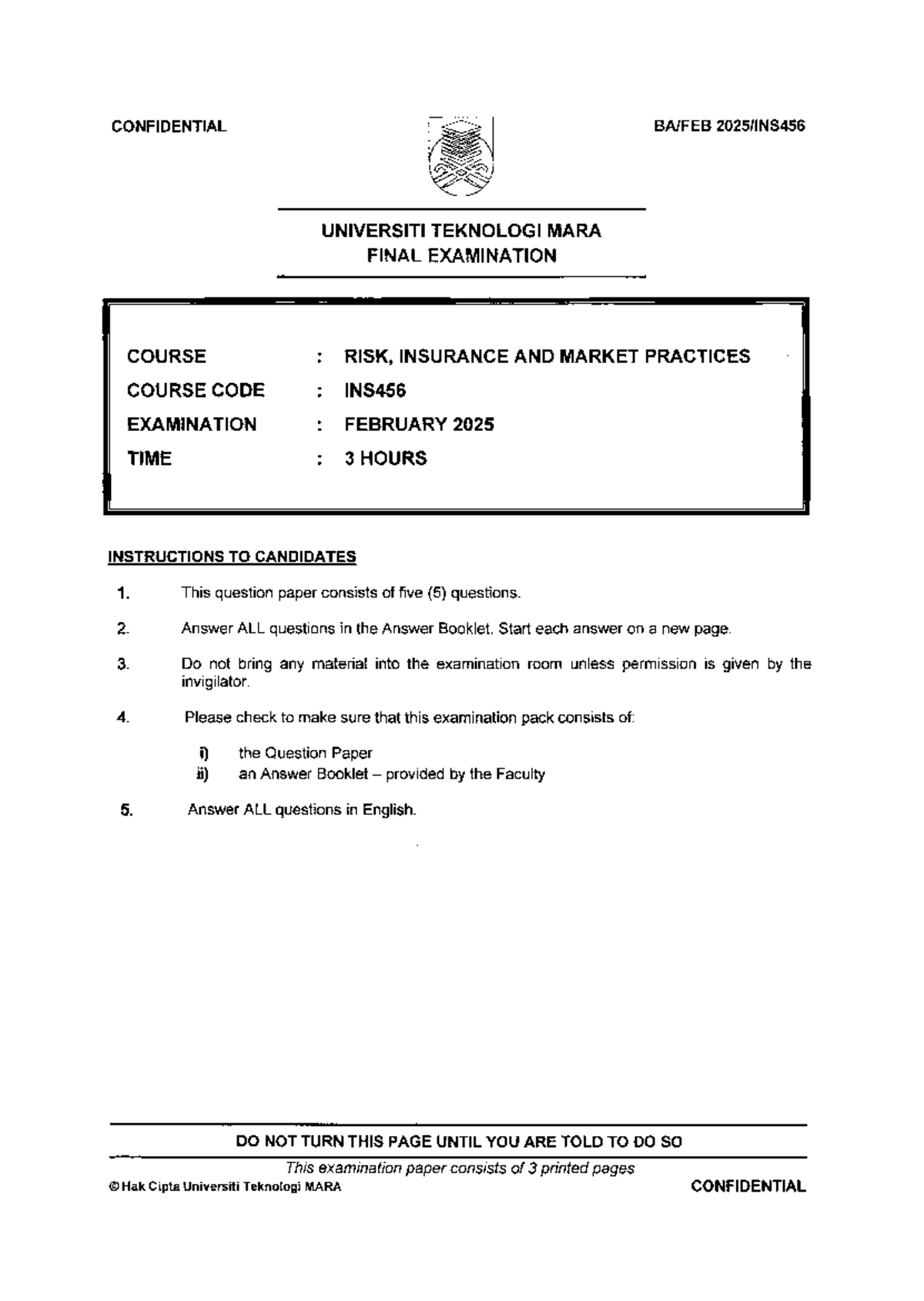 INS456 - Final Examination: Risk, Insurance & Market Practices - Studocu