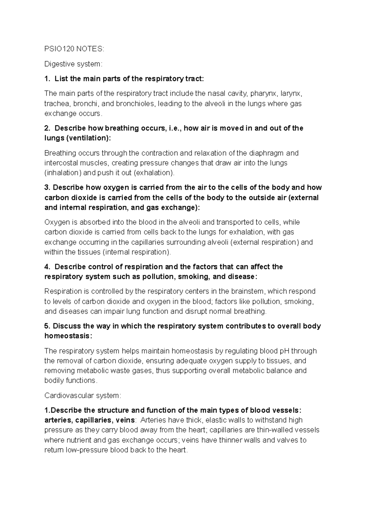 PSIO120 Respiratory, Cardiovascular & Urinary Systems Study Notes - Studocu