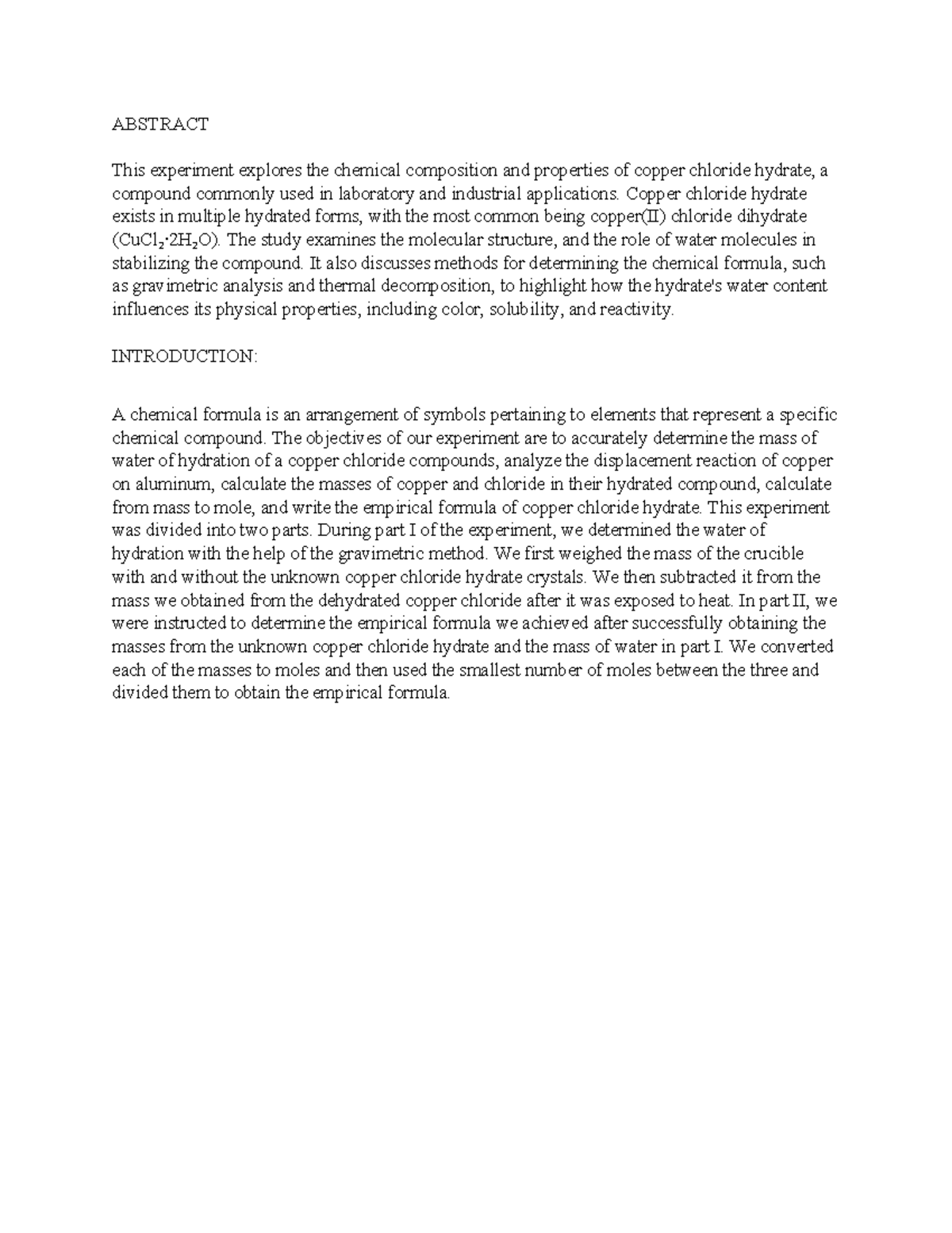 Chemical Composition & Properties of Copper Chloride Hydrate - Lab ...