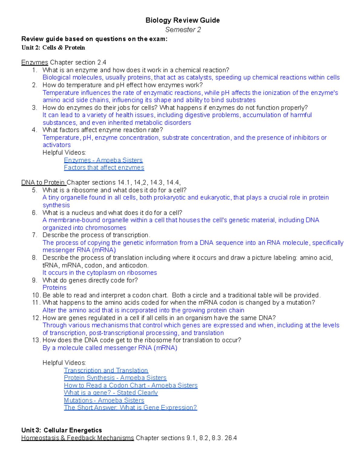 Biology Review Guide Sem 2: Enzymes, Cellular Processes & Homeostasis ...