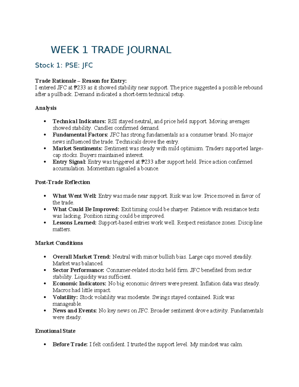 WEEK 1 & 3 TRADE JOURNAL: PSE Stocks Analysis & Reflections - Studocu