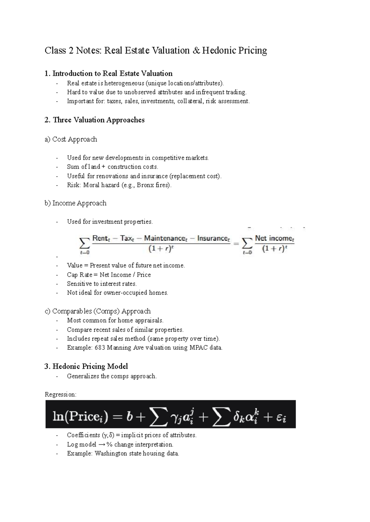 Class 2 Notes: Real Estate Valuation & Hedonic Pricing Insights - Studocu