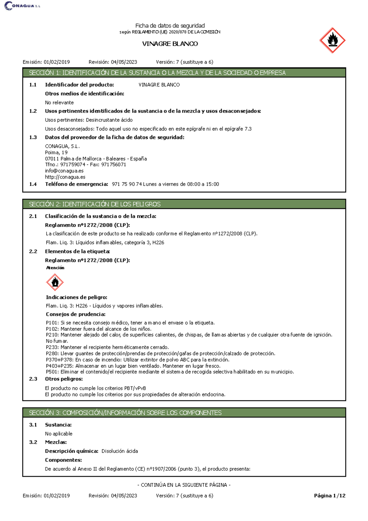 Ficha de datos de seguridad: HDS Vinagre Blanco según UE 2020/878 - Studocu