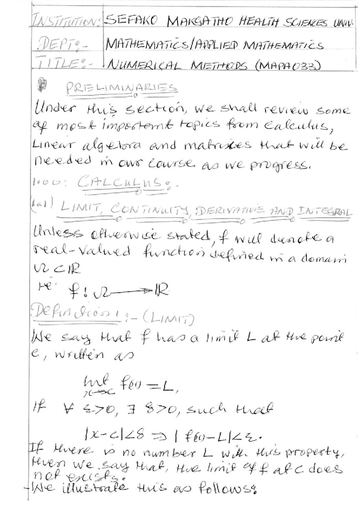 Mathematics Numerical Methods (MAPA033) Lecture 4: Preliminaries - Studocu