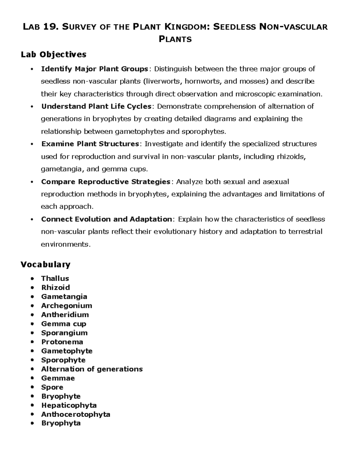Lab 19: Survey of Seedless Non-Vascular Plants in the Plant Kingdom ...
