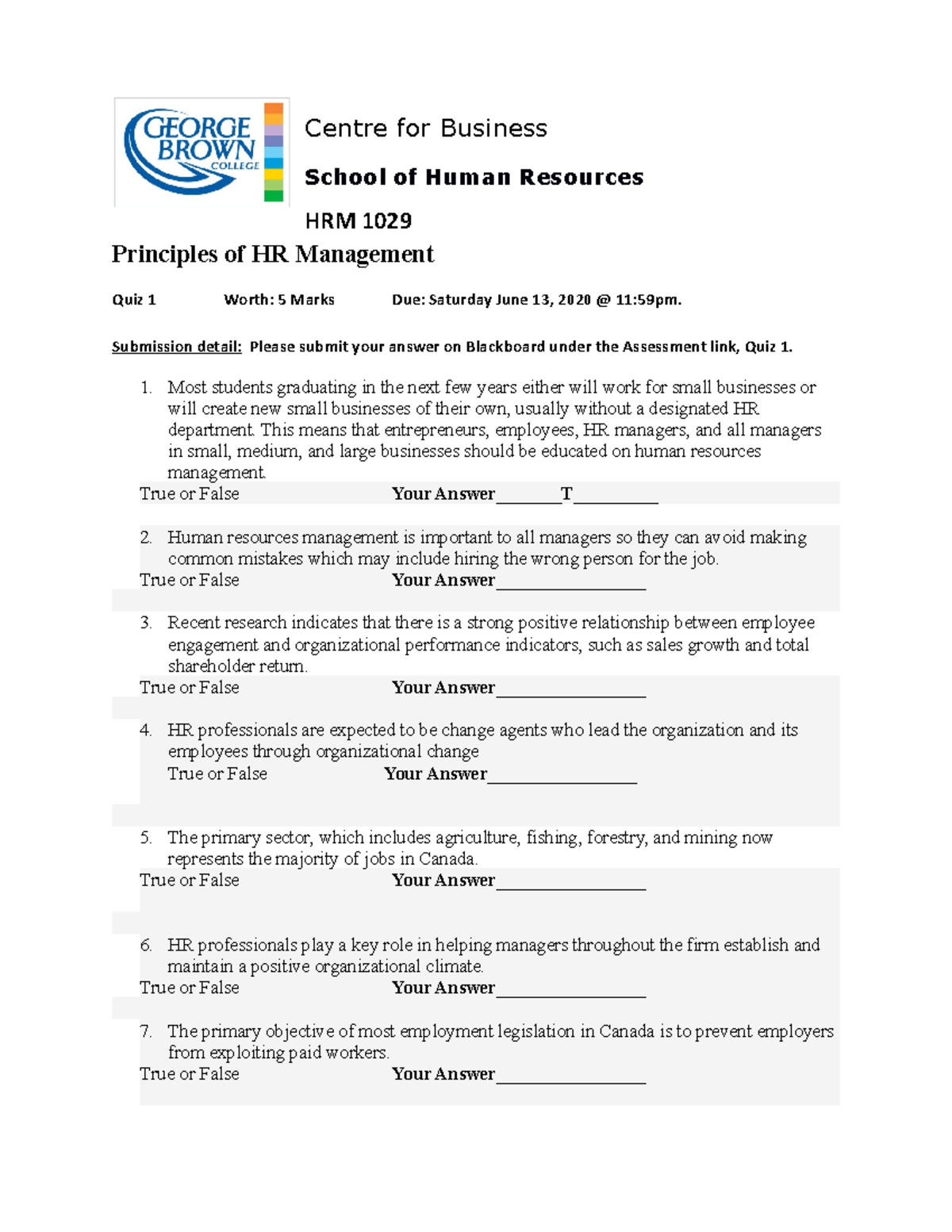 HRM 1029 Quiz 1 - Centre for Business School of Human Resources HRM ...
