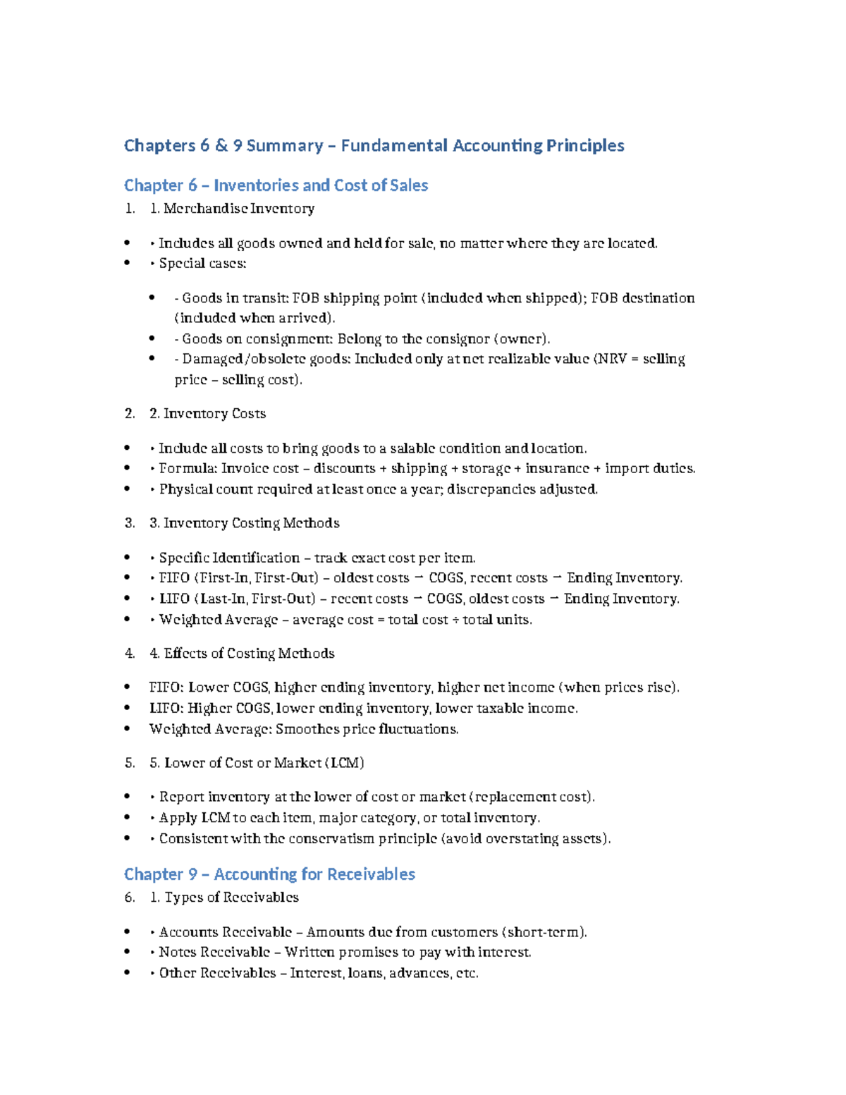 Chapters 6 & 9 Summary: Fundamental Accounting Principles - Studocu