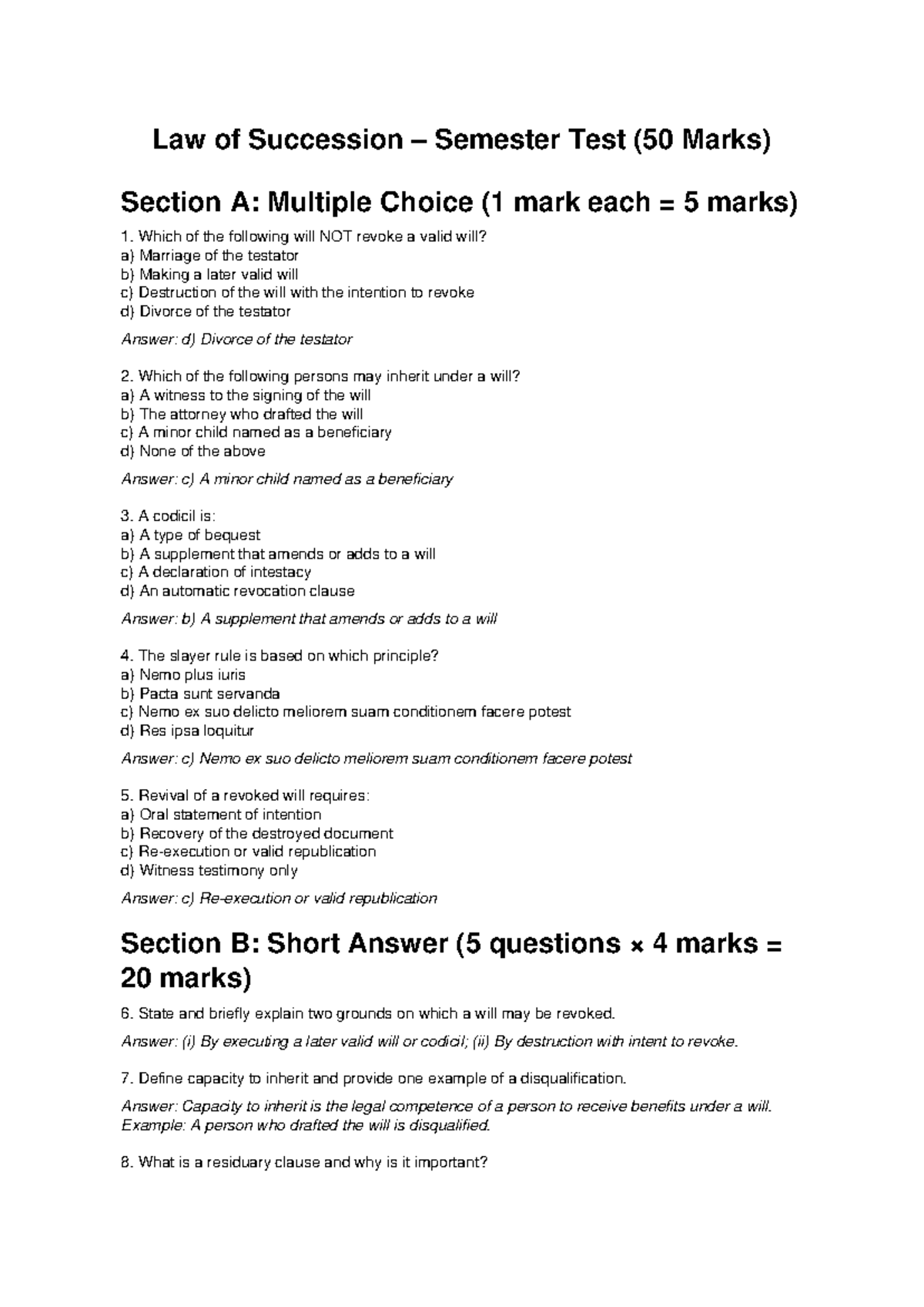 Law of Succession Semester Test: Wills & Inheritance (50 Marks) - Studocu
