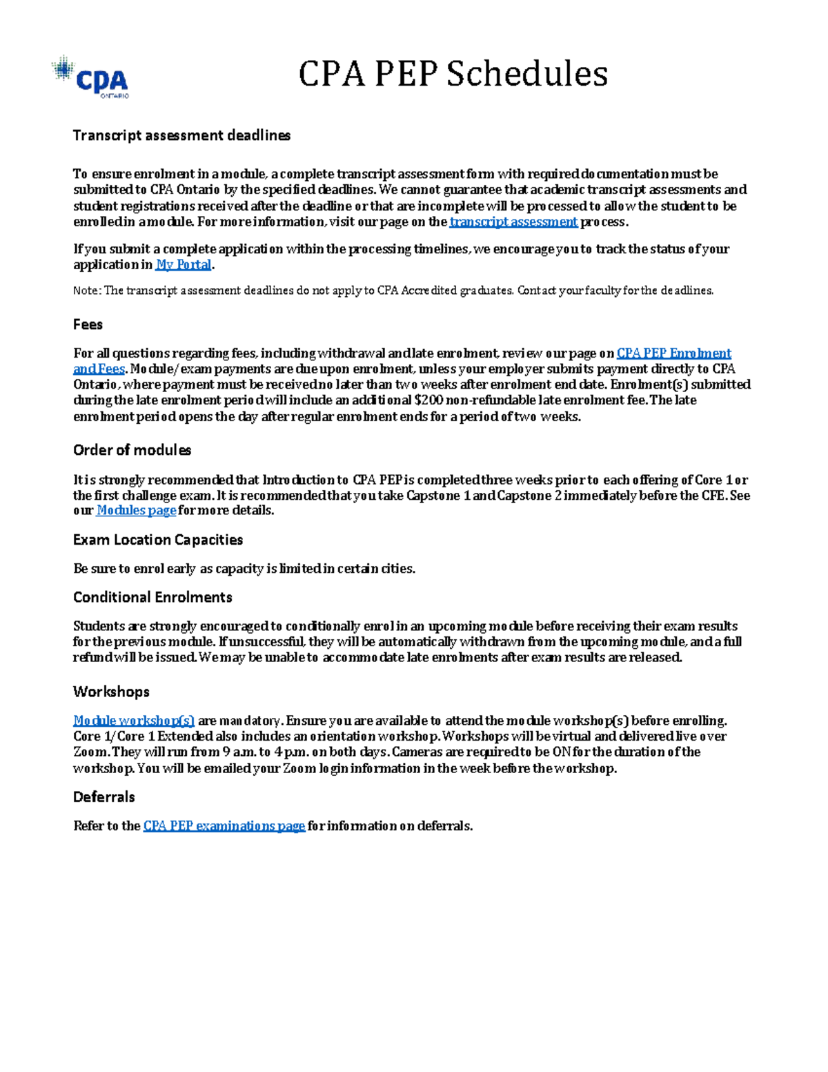 CPA PEP Schedules: Transcript Assessment & Enrolment Deadlines - Studocu